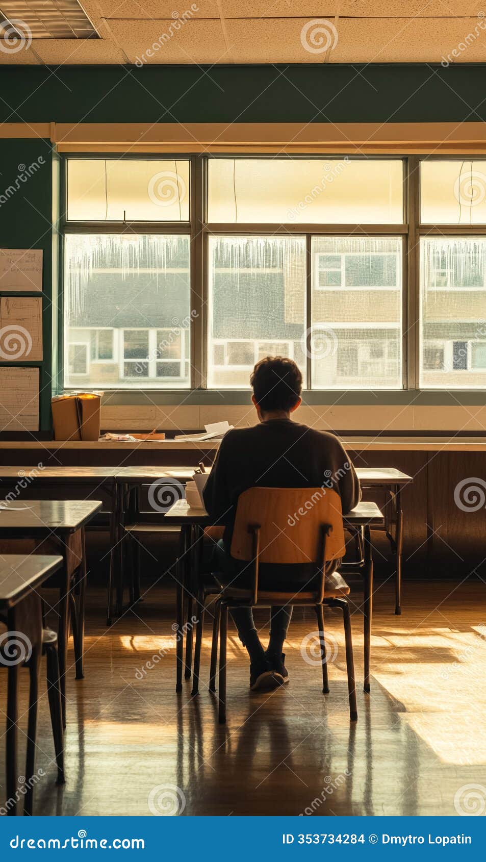 Student Sitting Alone at a Desk in a Classroom, Sunlit Windows ...