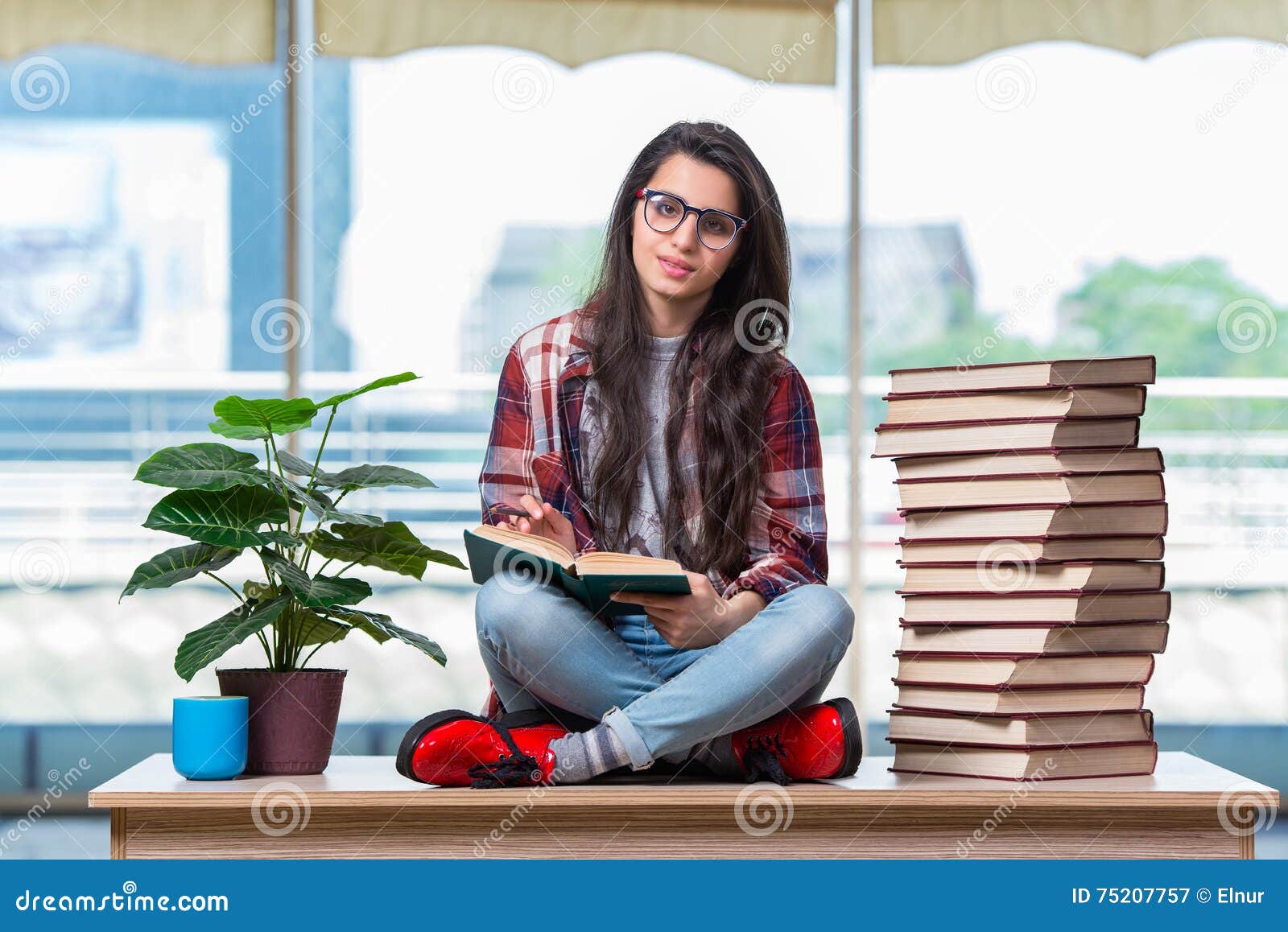 The Student Sitting on the Desk with Books Stock Image - Image of book ...