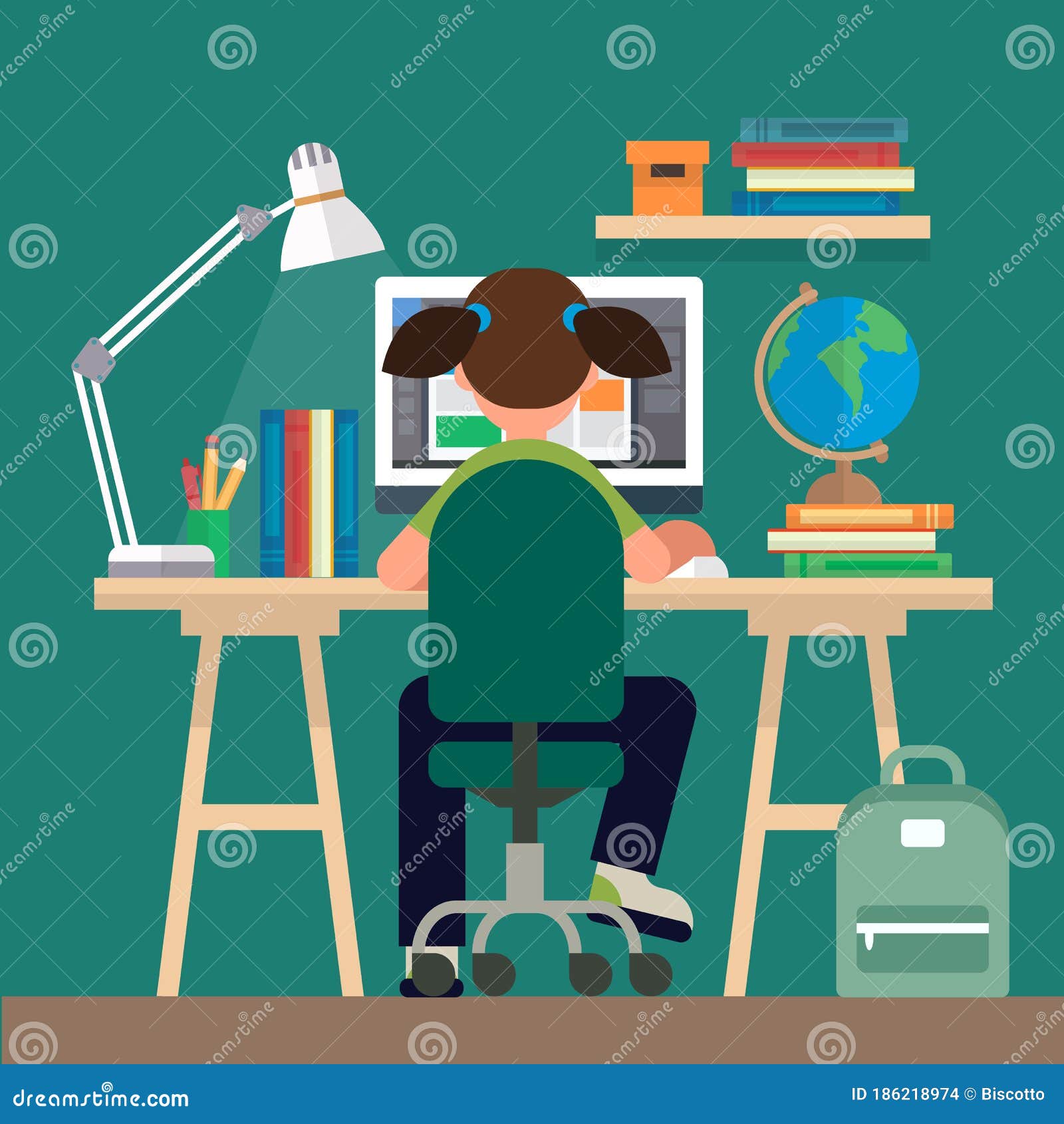 Student Sitting at the Desk, Learning with Computer. Concept ...