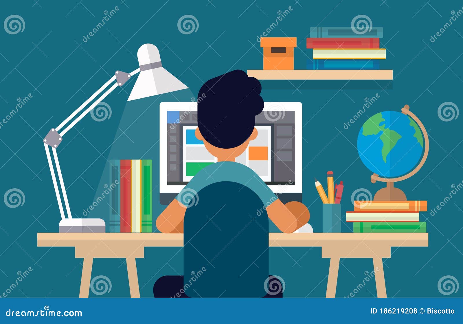 Student Sitting at the Desk, Learning with Computer. Concept ...