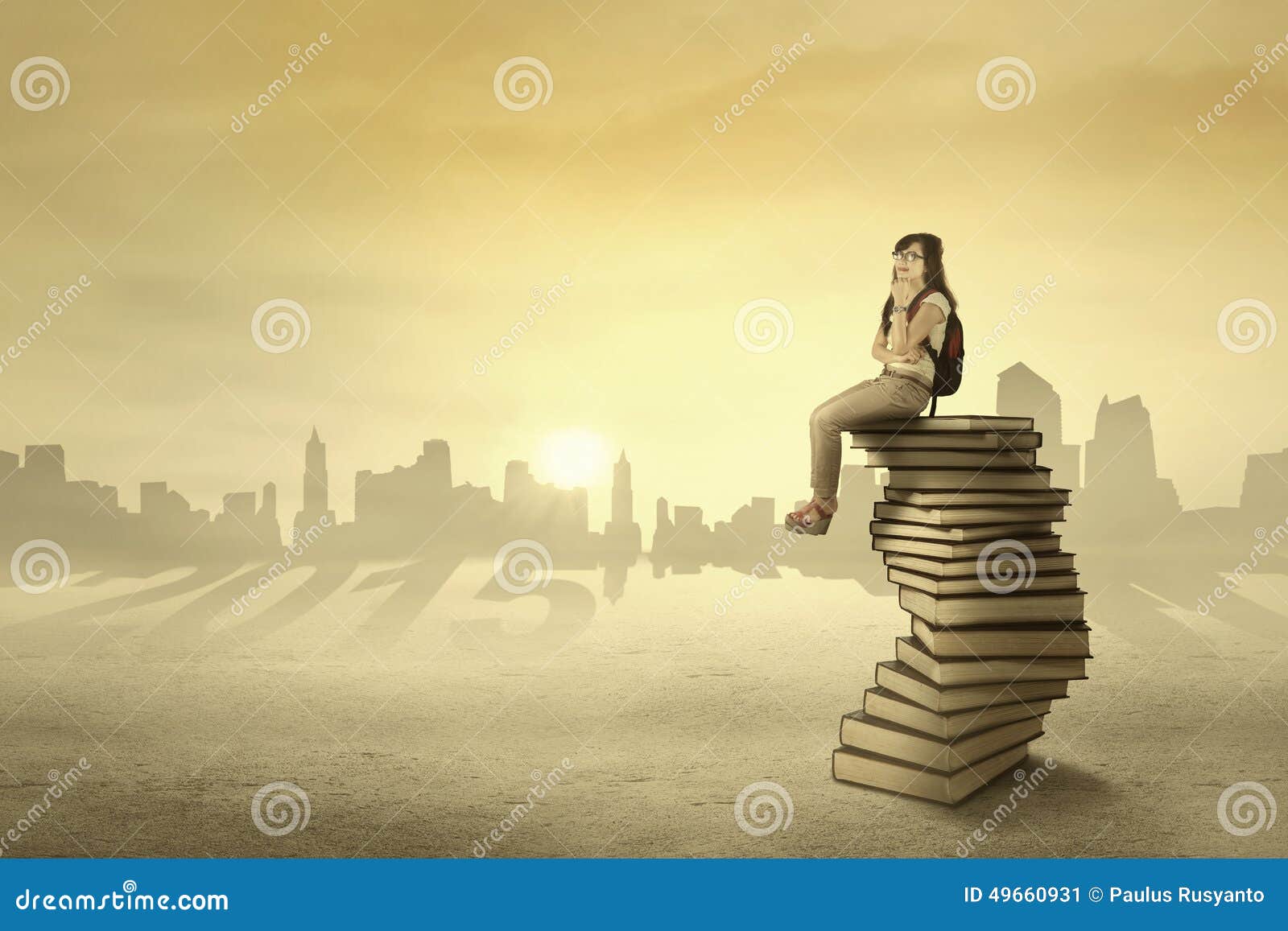 Student Sitting and Dreaming Above Books Stock Image - Image of future ...