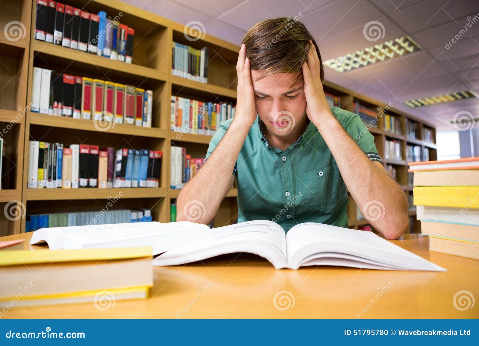 Student Sitting in Library Reading Stock Photo - Image of indoors, male ...