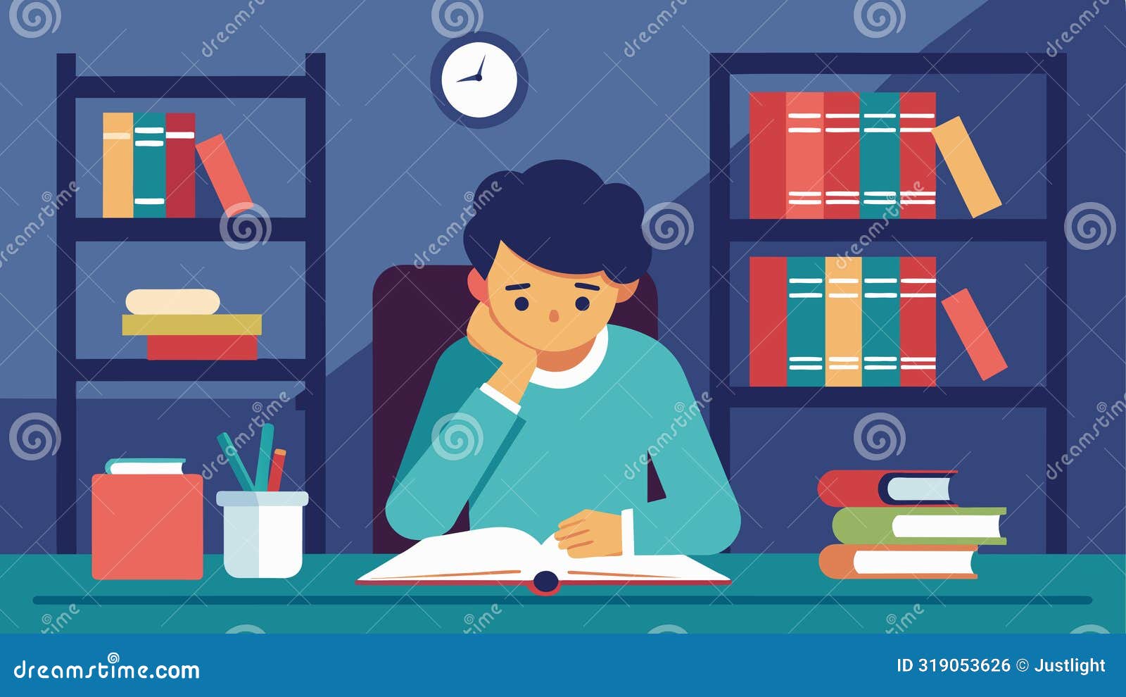 A Student Sitting In A Library Taking A Break From Studying To Write In ...