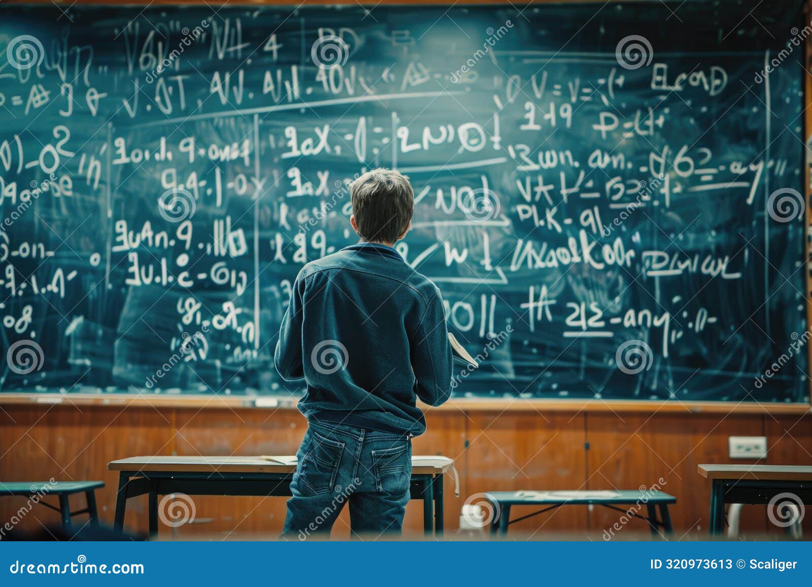 Student Solves Math Problem at Blackboard, Kid Thinks and Looks at ...