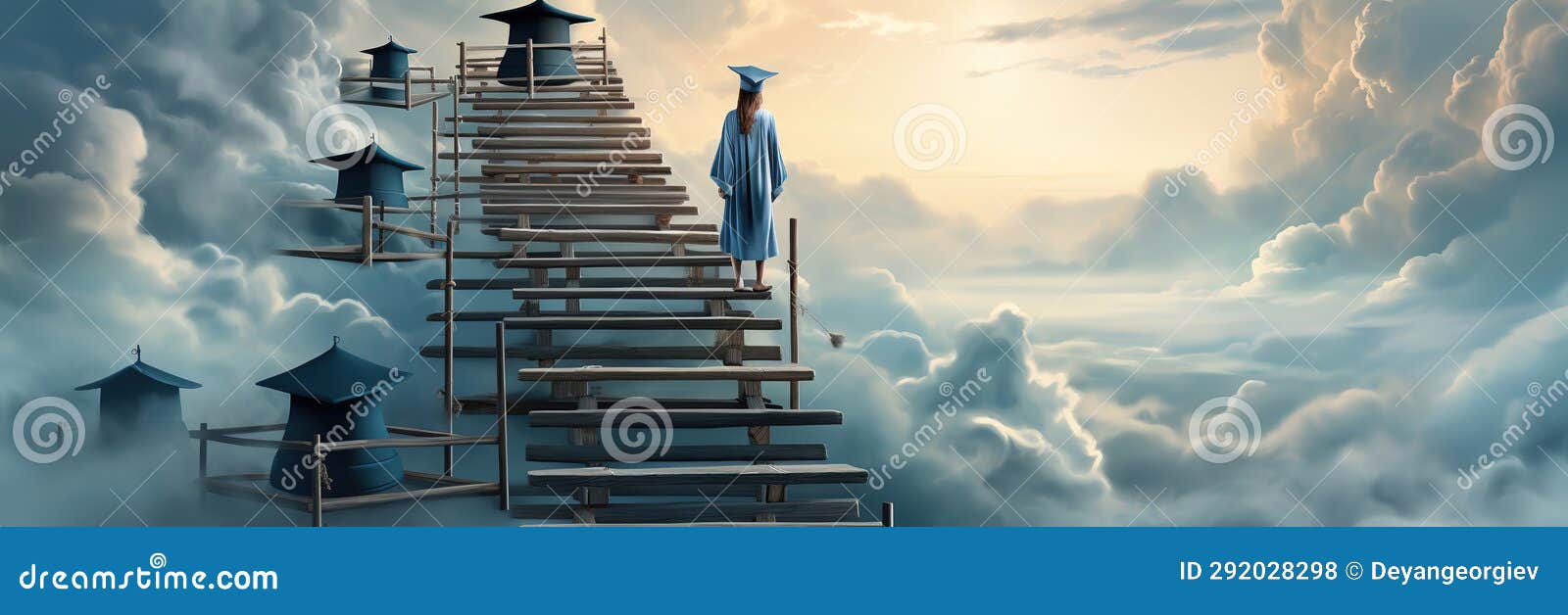 Student Standing on a Ladder in the Clouds, Capturing a Surreal Moment ...