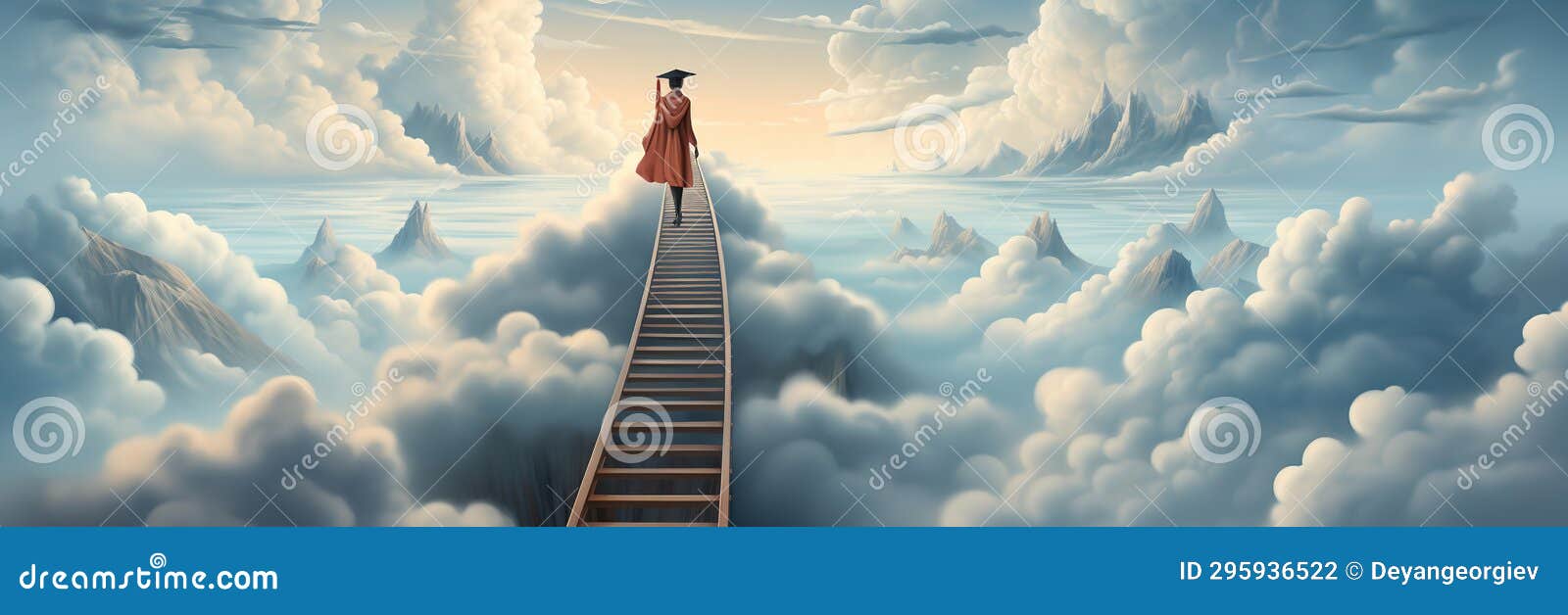Student Standing on a Ladder in the Clouds, Capturing a Surreal Moment ...