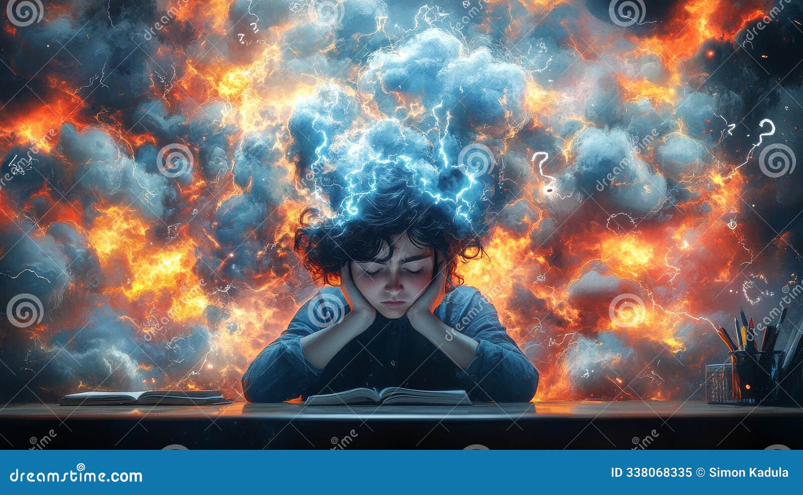 Student Struggling with Information Overload Represented by Storm ...