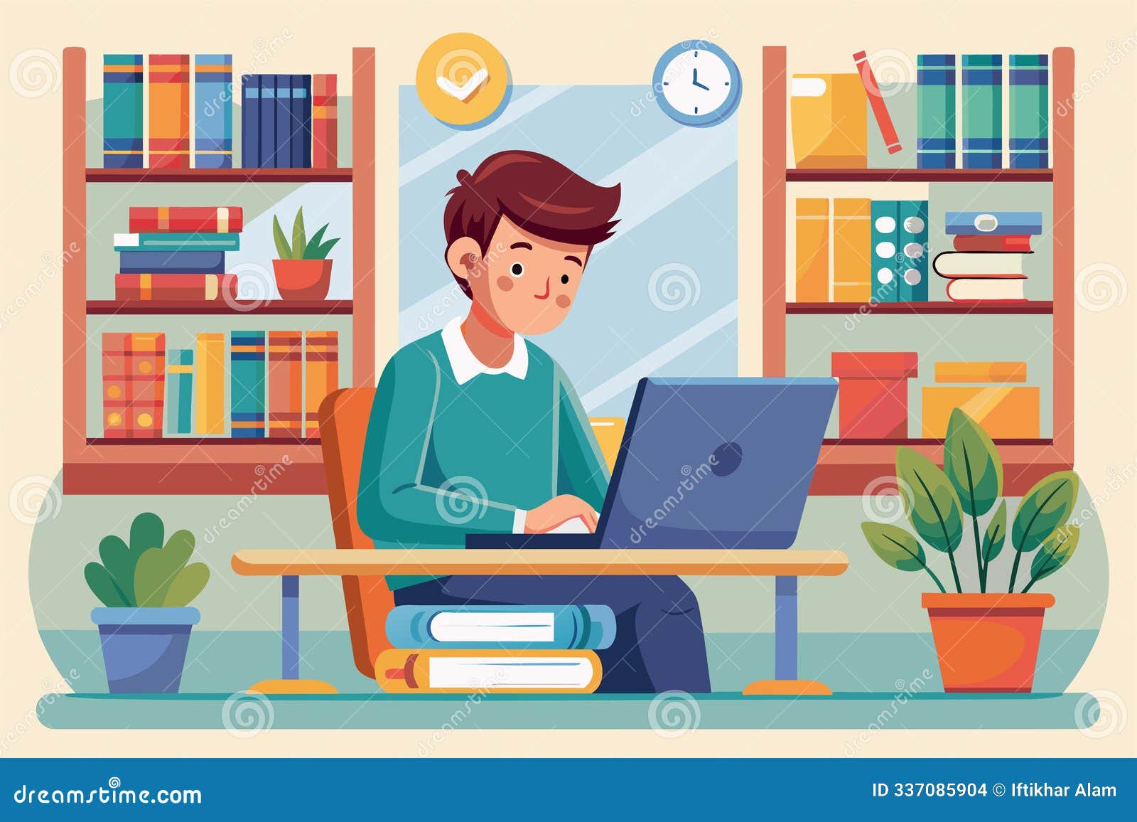 A Student Studies Diligently with a Laptop in a Cozy Library ...