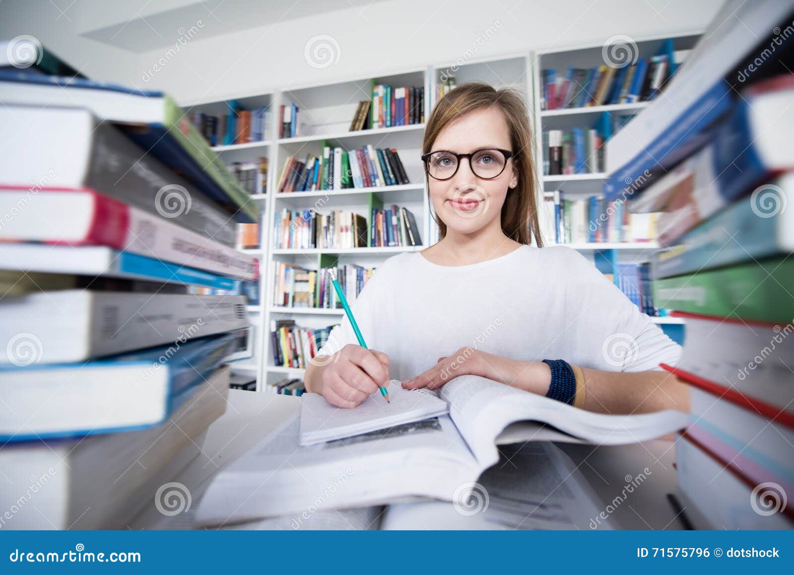 Student study in library stock photo. Image of bookshelf - 71575796