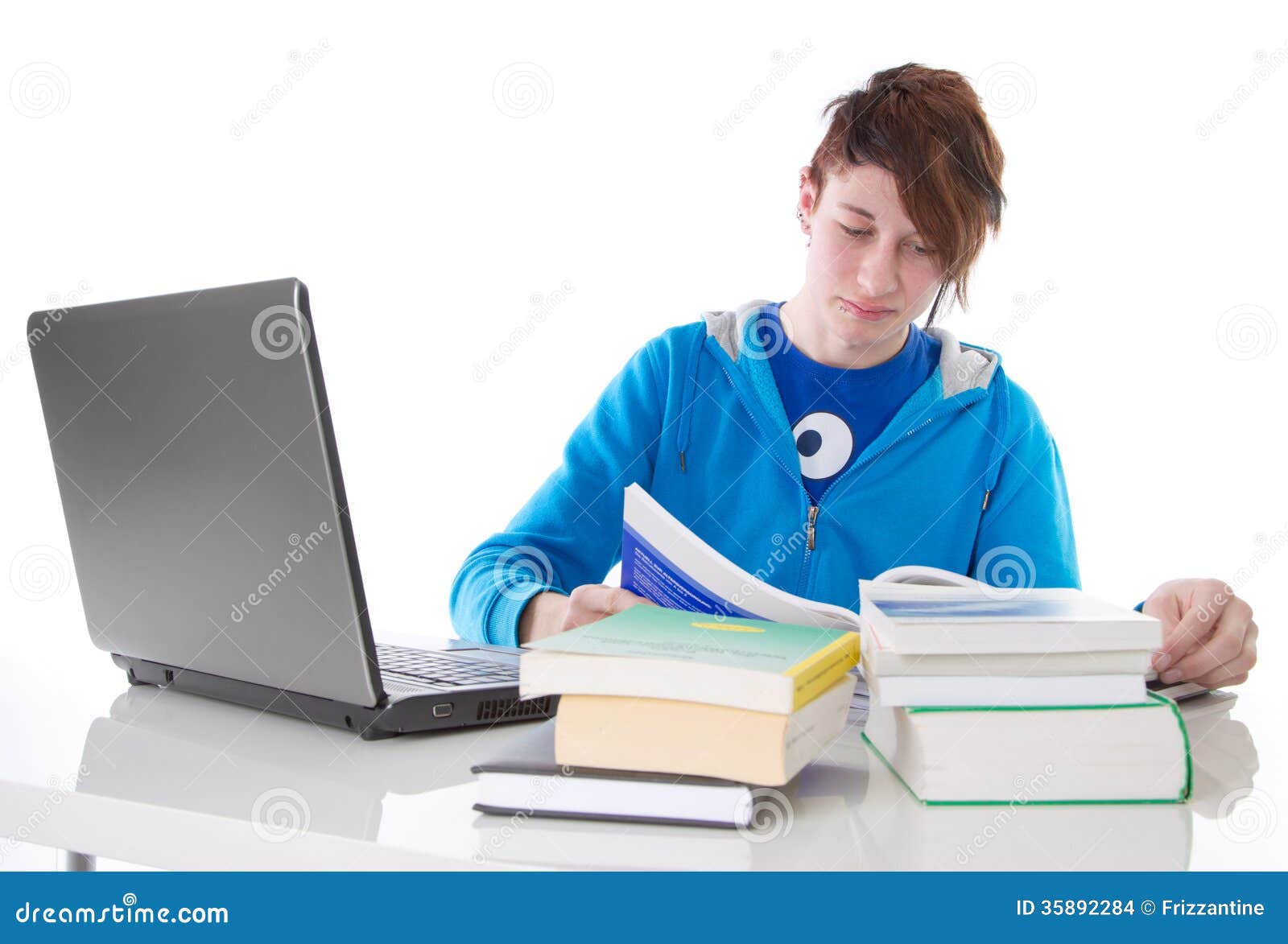Student Studying with Books and Laptop Isolated on White. Stock Photo ...