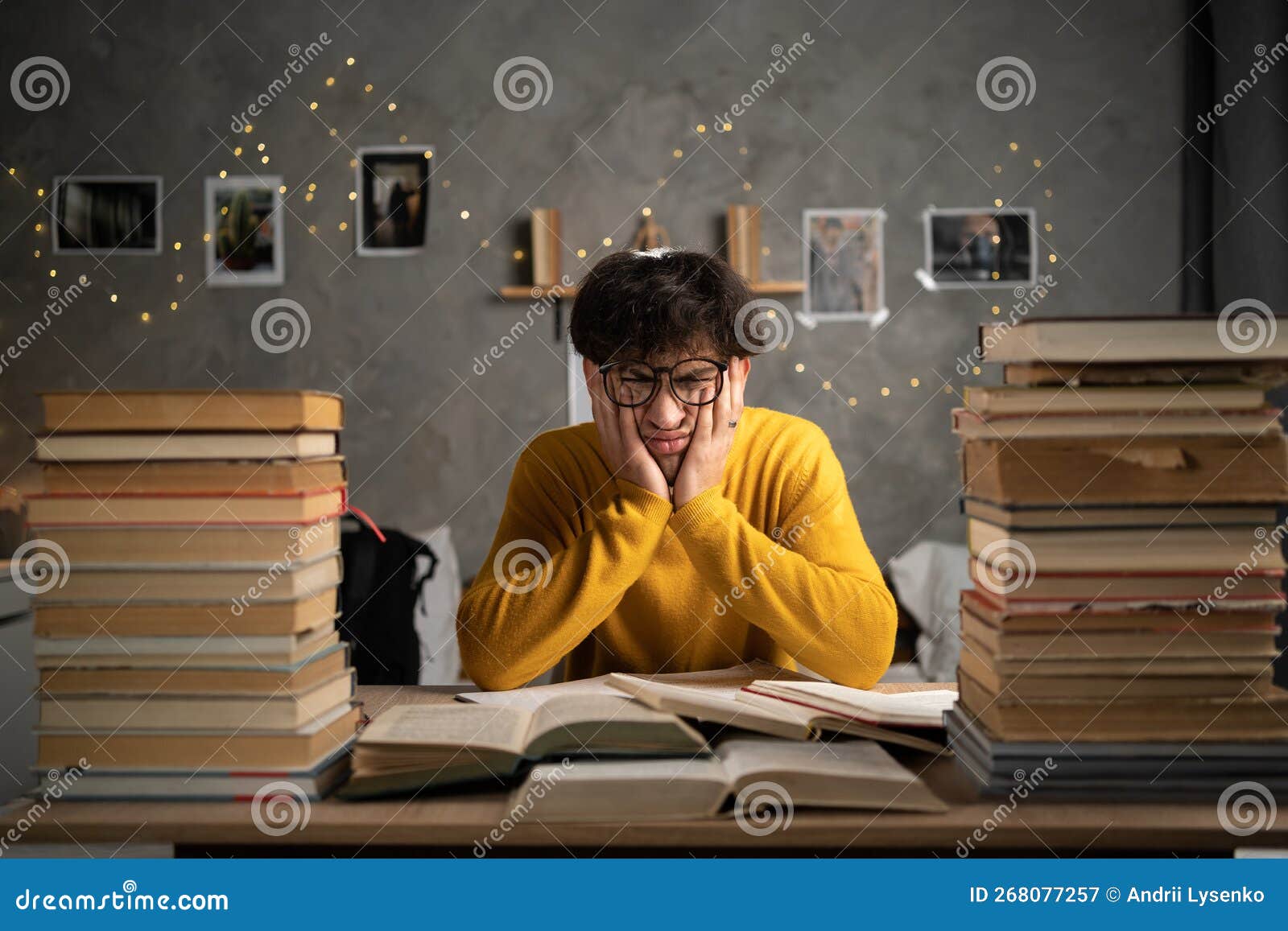 Student Studying Hard Exam with Books, Tired Guy Read Difficult Book in ...