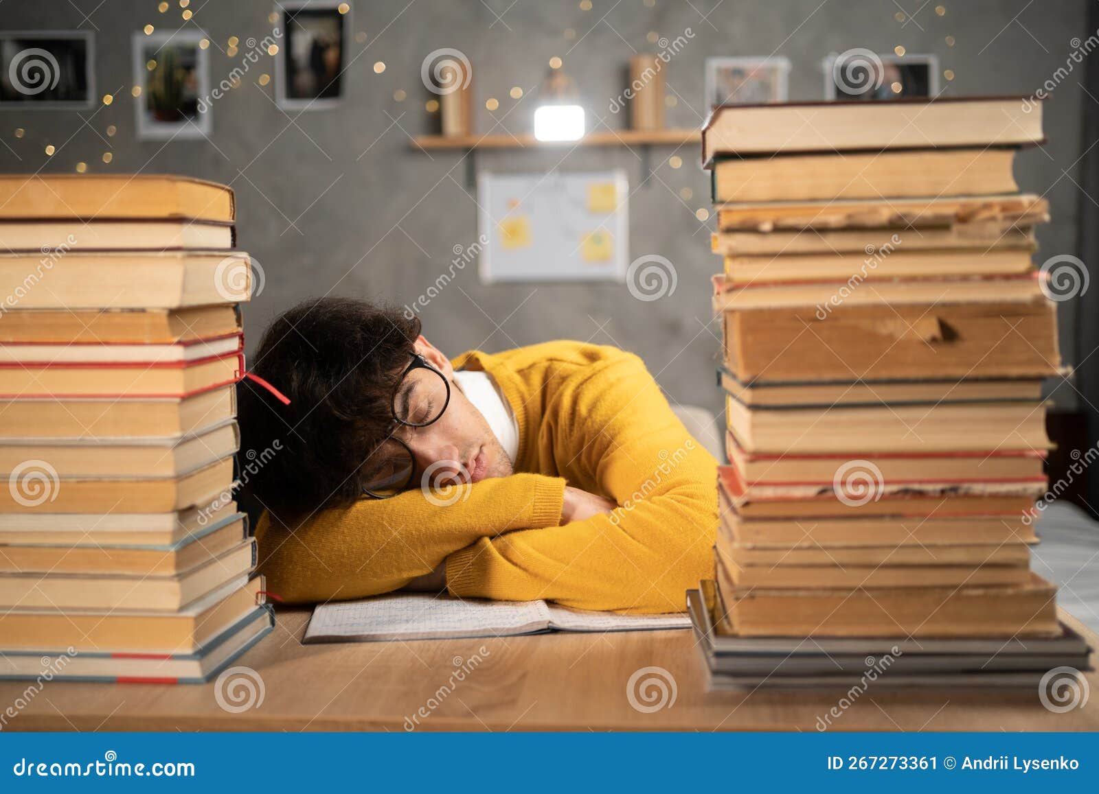 Student Studying Hard Exam and Sleeping between Books in Library. Stock ...