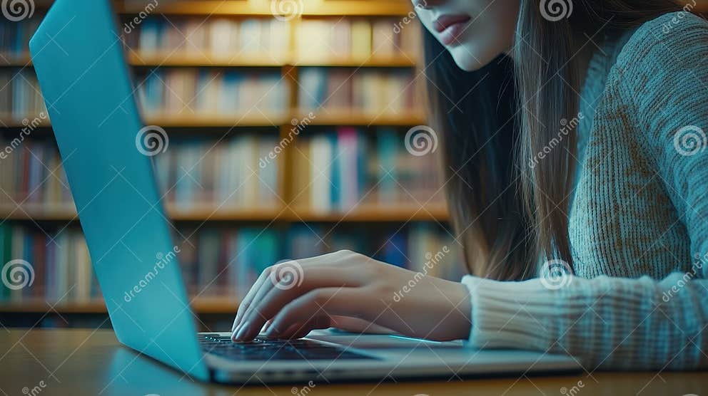 Student Studying on Laptop in Library, Focused Learning Stock ...