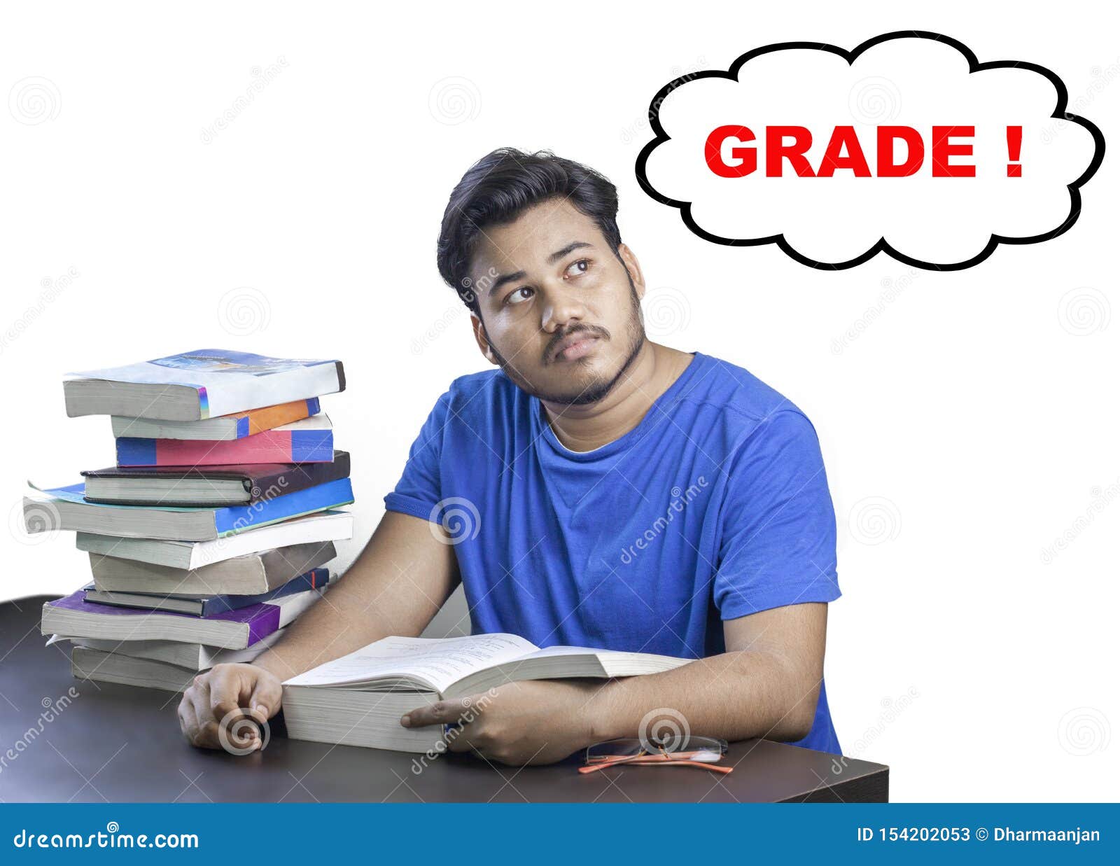 STUDENT STUDYING and THINKING Stock Image - Image of camera, bookshelf ...