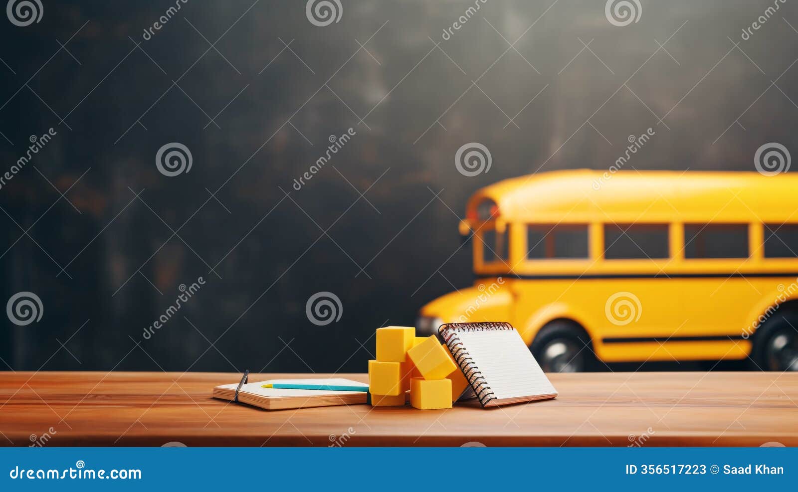 Student Table Displaying Yellow School Bus Model with Chalkboard in ...
