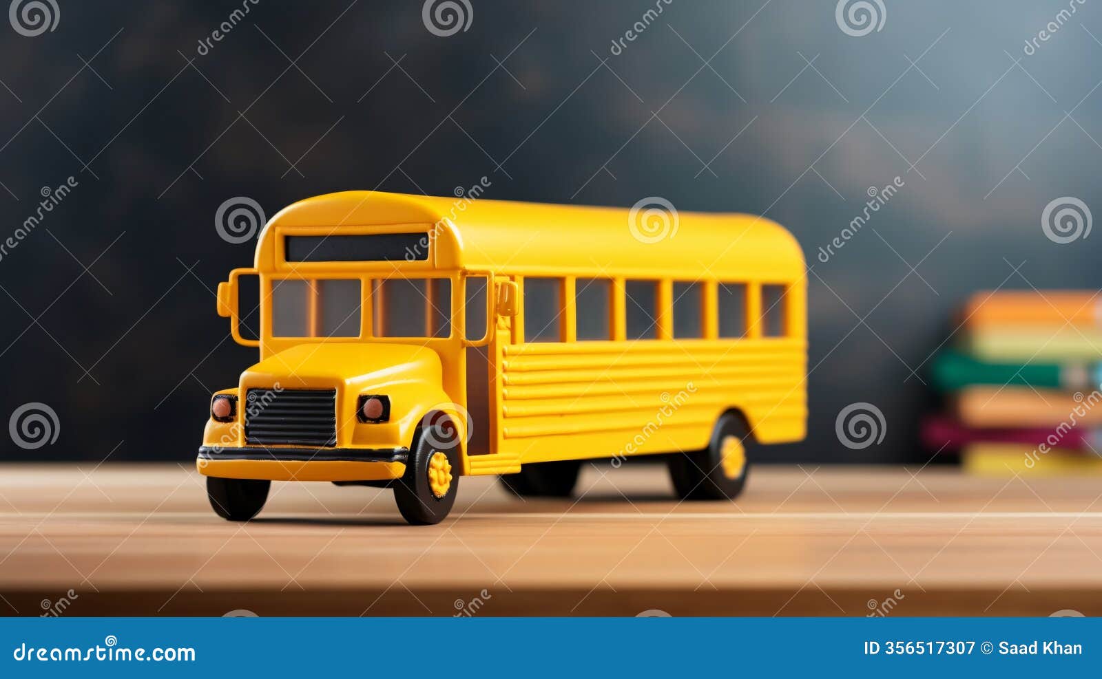 Student Table Displaying Yellow School Bus Model with Chalkboard in ...