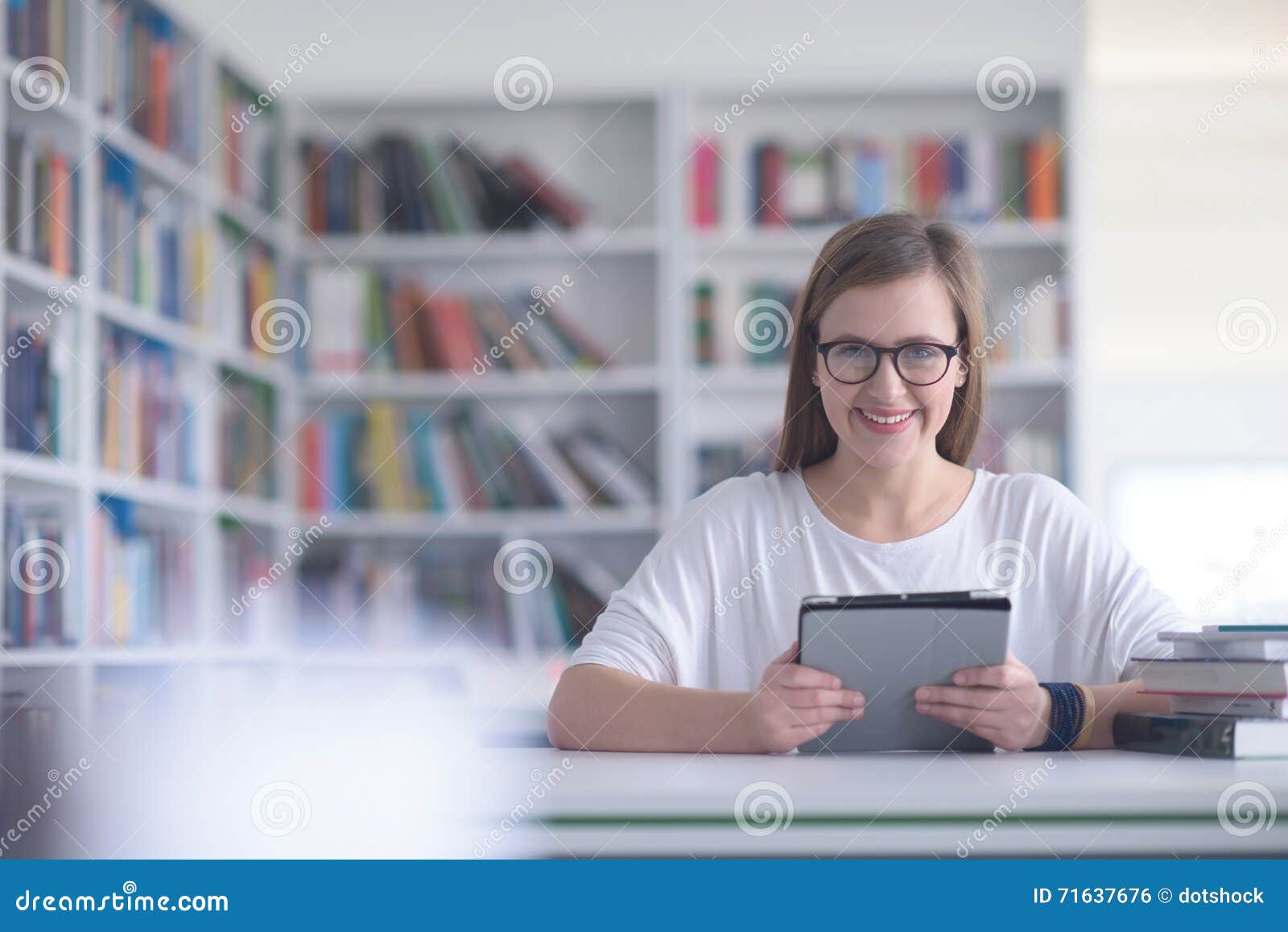 Student with Tablet in Library Stock Photo - Image of people, girl ...
