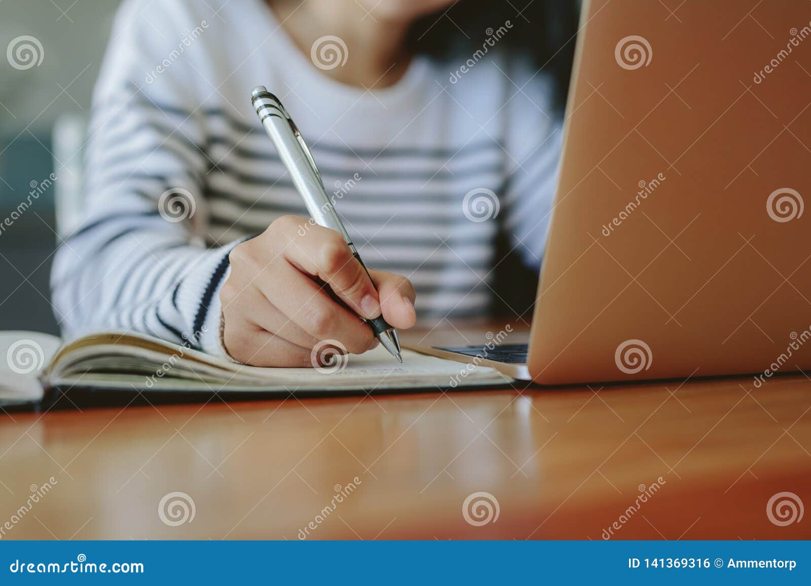 Student Taking Notes with Laptop on Table Stock Photo - Image of hand ...