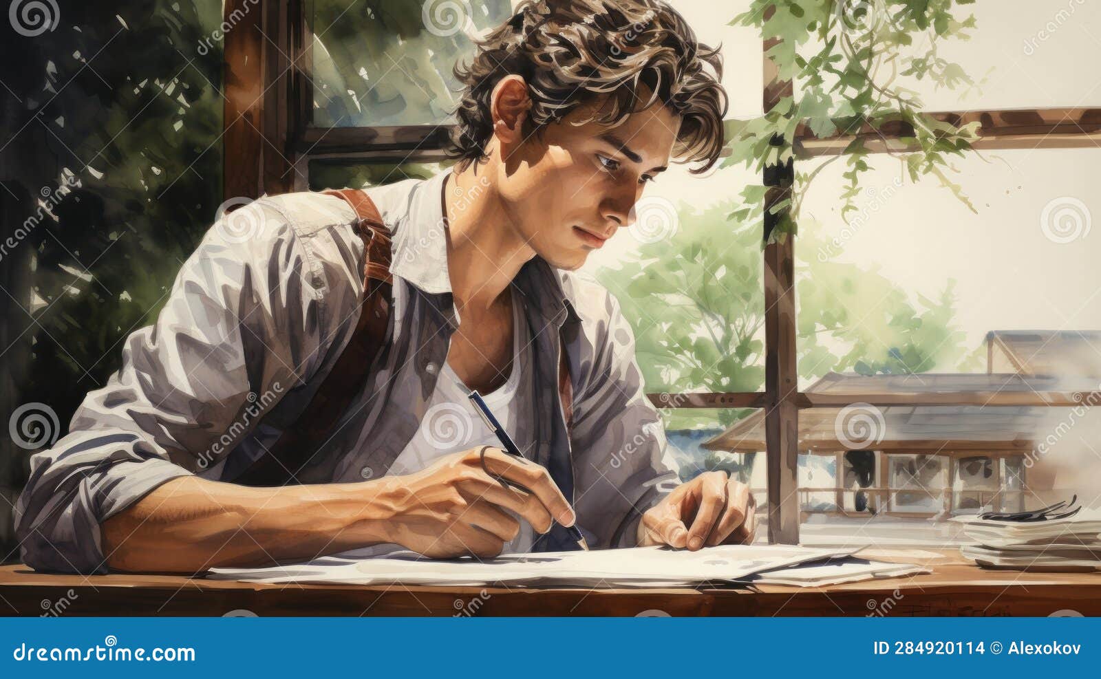 Student Taking Notes from a Watercolor Scene AI Generated Stock ...