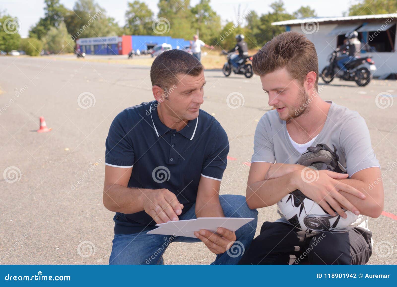 Student Talking with Motorbike Instructor Stock Photo - Image of adult ...