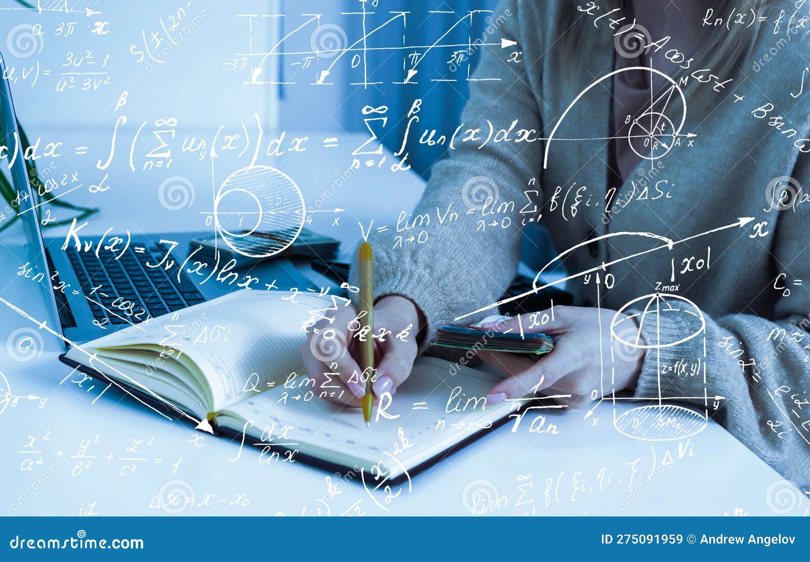 Student or Teacher with Mathematical and Scientific Formulas. Concepts ...