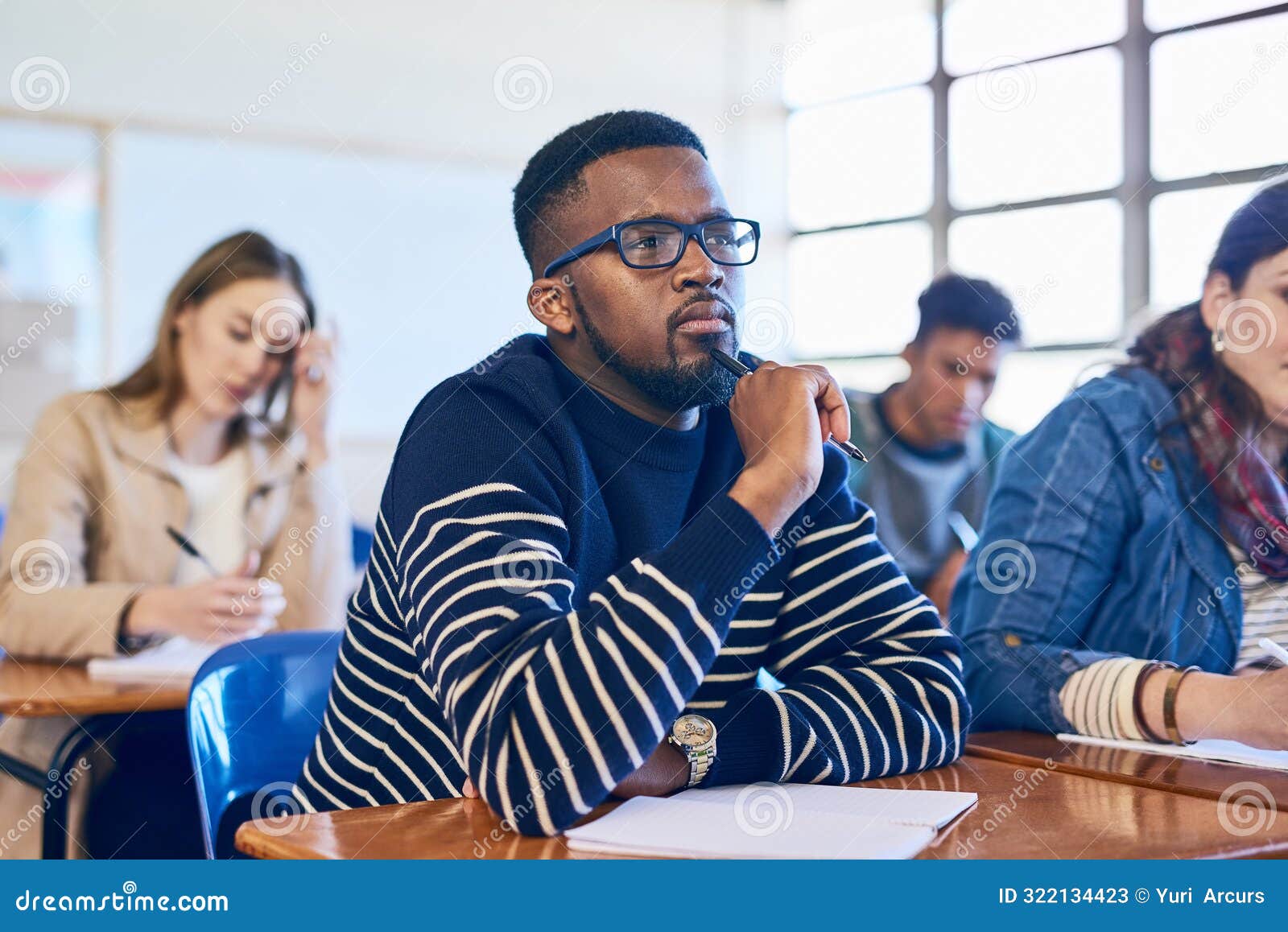 Student, Thinking and Black Man in College Classroom for Education ...