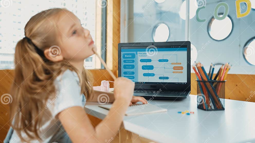 Student Thinking while Writing or Doing Homework by Using Laptop ...