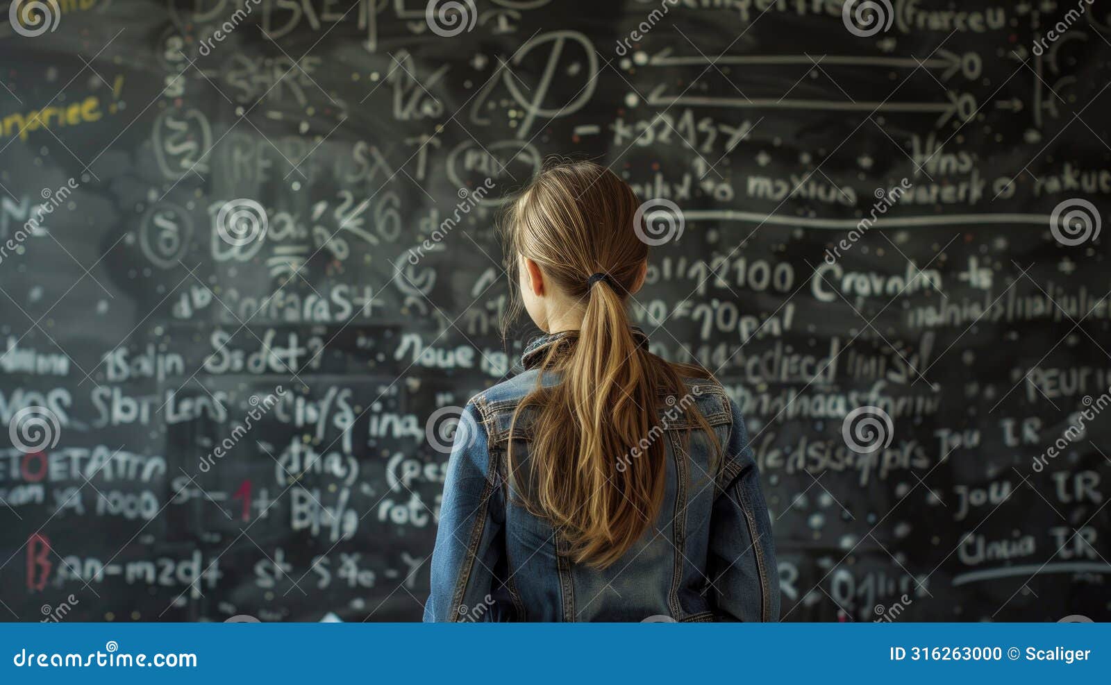 Student Thinks and Looks at Blackboard with Formulas, Girl Teenager ...
