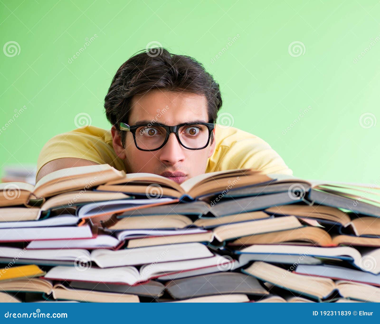 Student with Too Many Books To Read before Exam Stock Image - Image of ...
