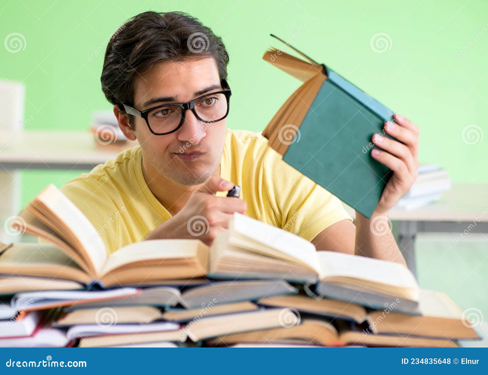 Student with Too Many Books To Read before Exam Stock Photo - Image of ...