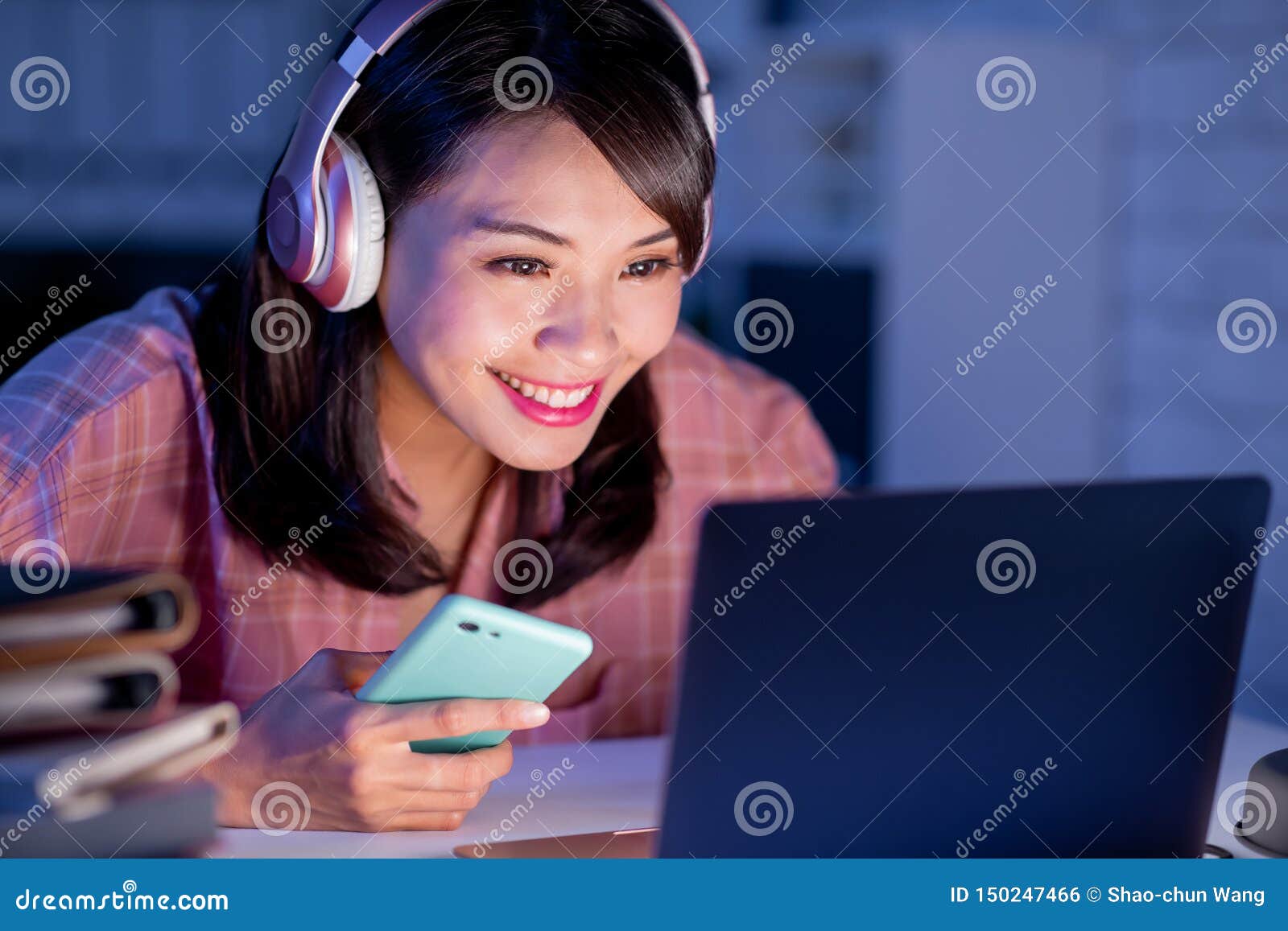 Student Use Phone and Laptop Stock Photo - Image of headphone ...