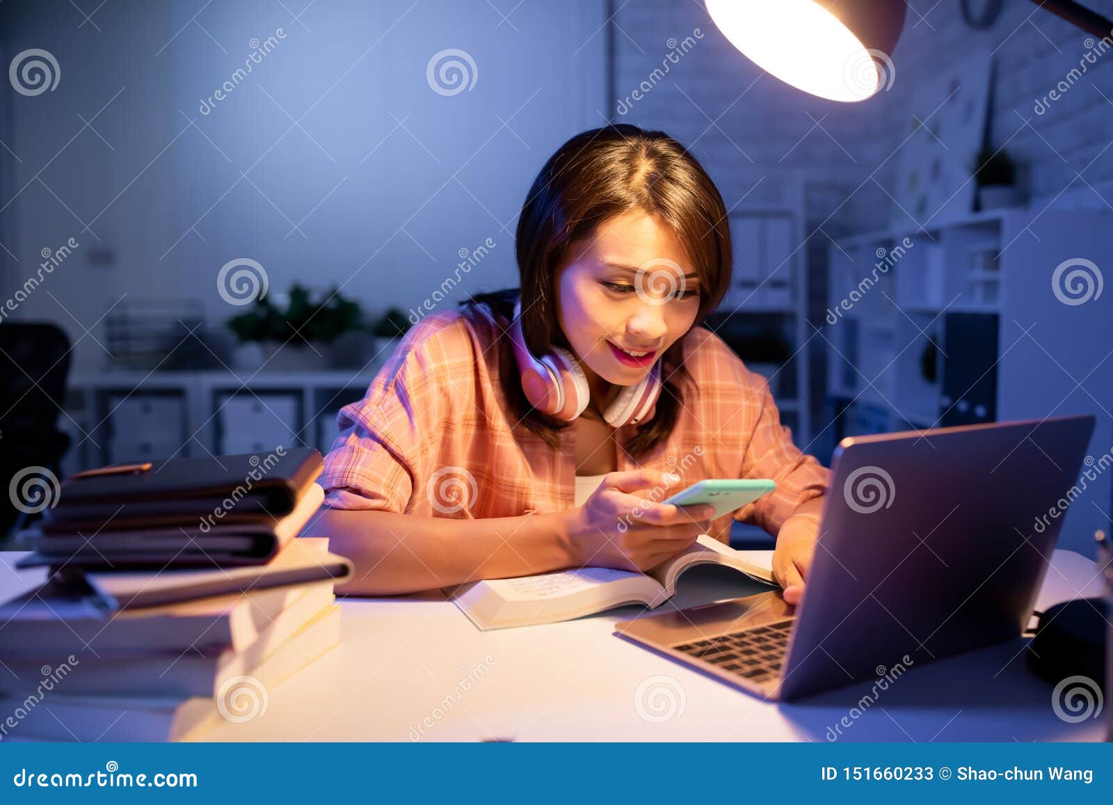 Student Use Phone and Laptop Stock Image - Image of girl, headphone ...