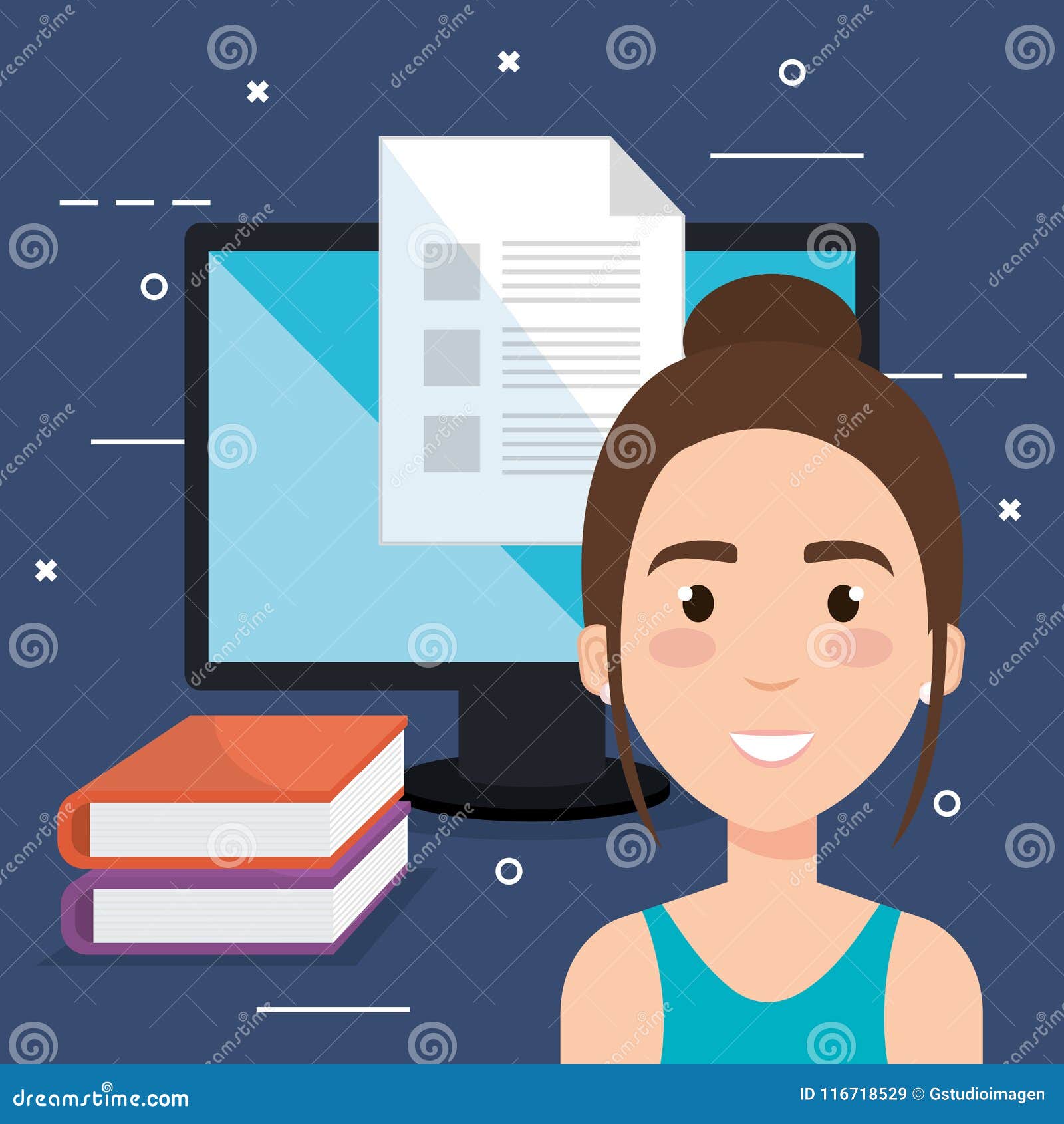 Student Using Computer Desktop Electronic Education Stock Vector ...