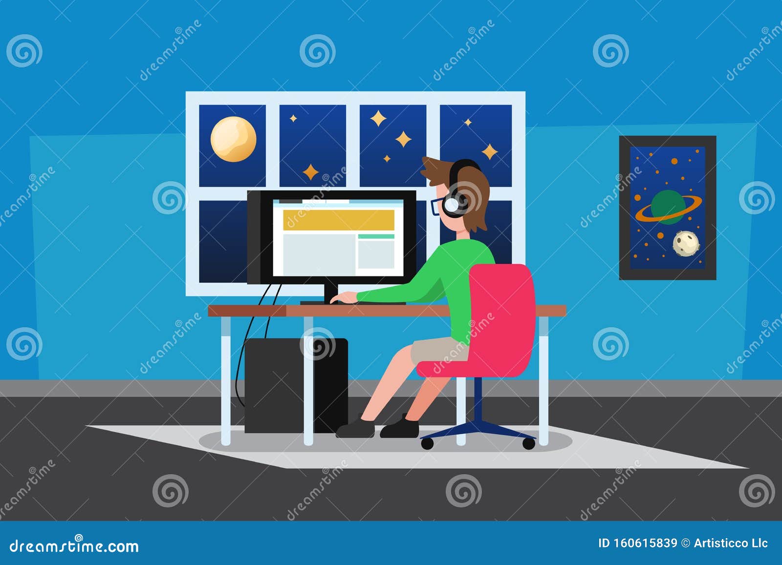 Student Using Computer and Headphones Vector Illustration Stock Vector ...