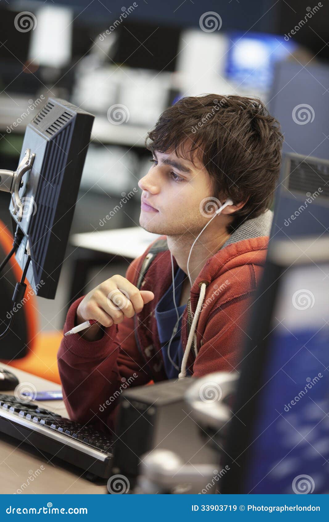 Student Using Computer and Listening Music Stock Image - Image of adult ...