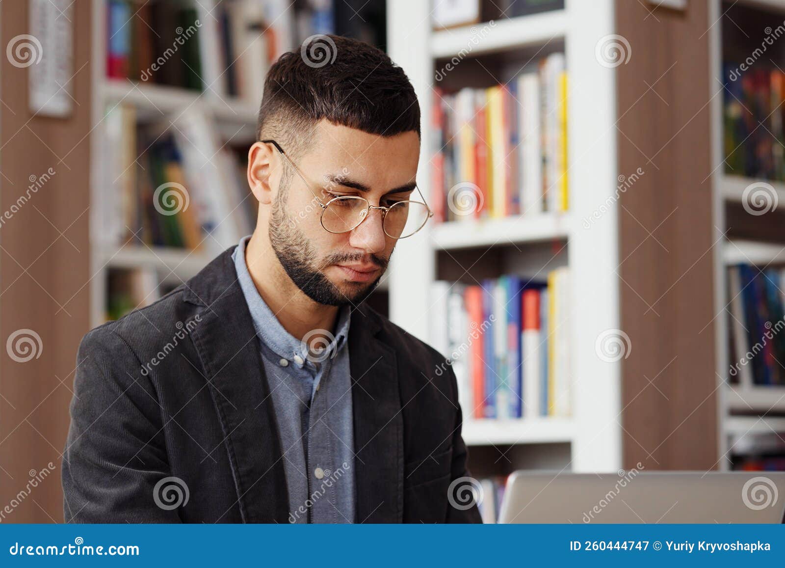 Student Using Laptop in Library for Scientific Research Stock Image ...