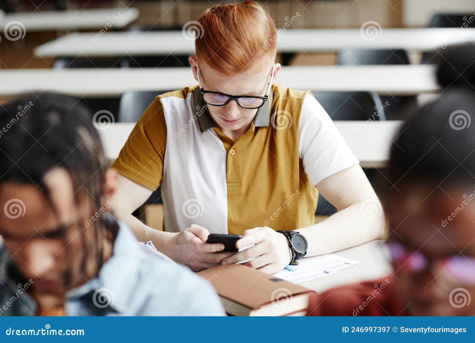 Student Using Smartphone in Class Stock Image - Image of internet, boys ...