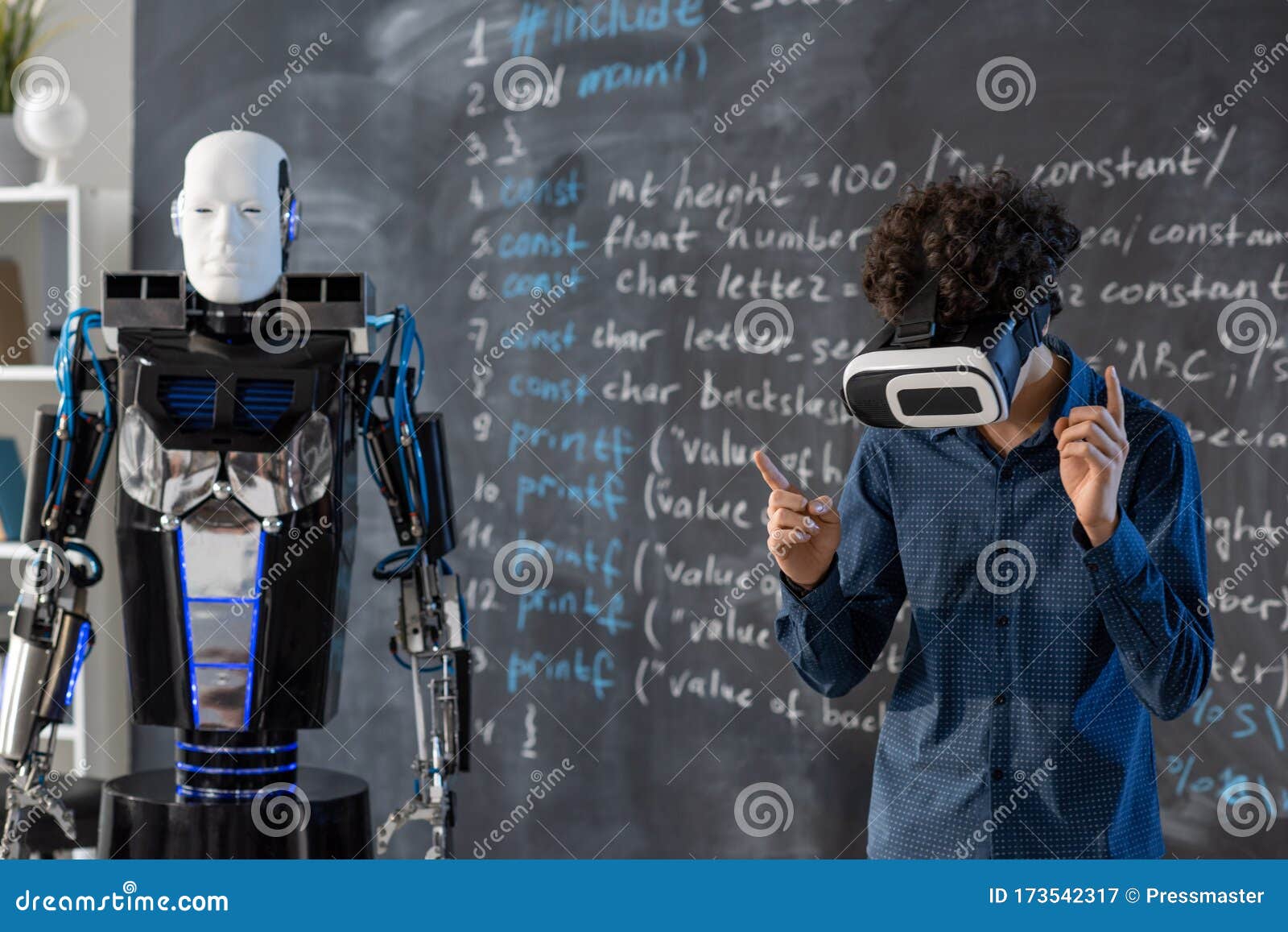 Student in Vr Headset Operating by Automation Robot through Virtual ...