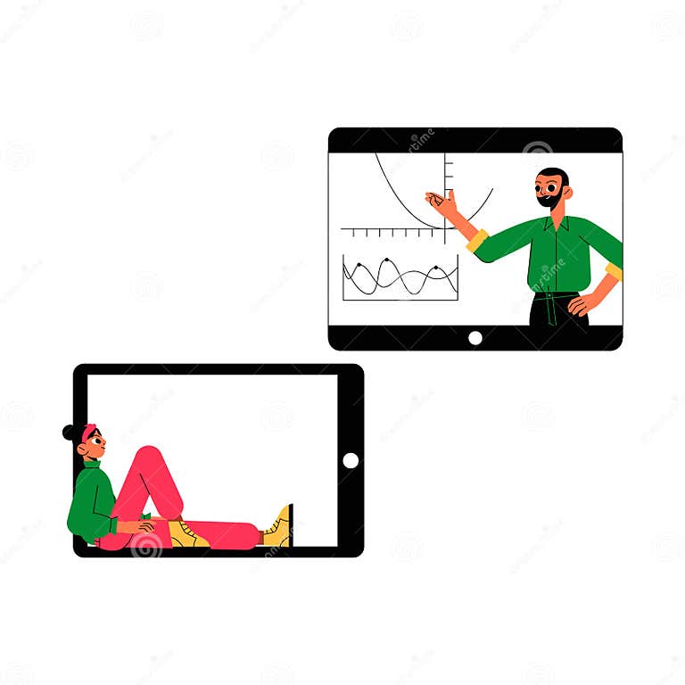 Student Watching Online Class on Tablet with Teacher Explaining on ...