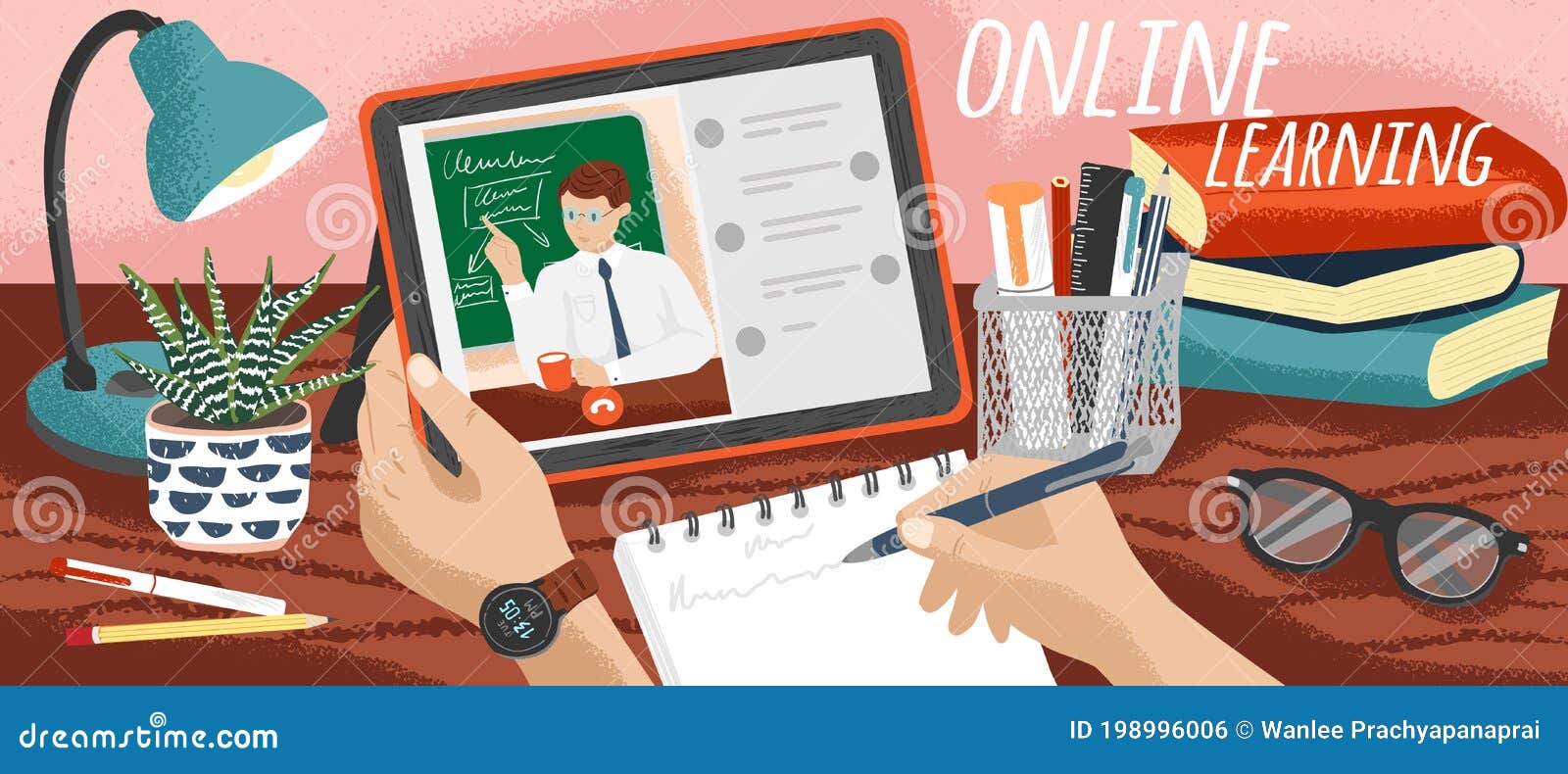 Student Watching School Lectures Online and Making Notes. Distance ...