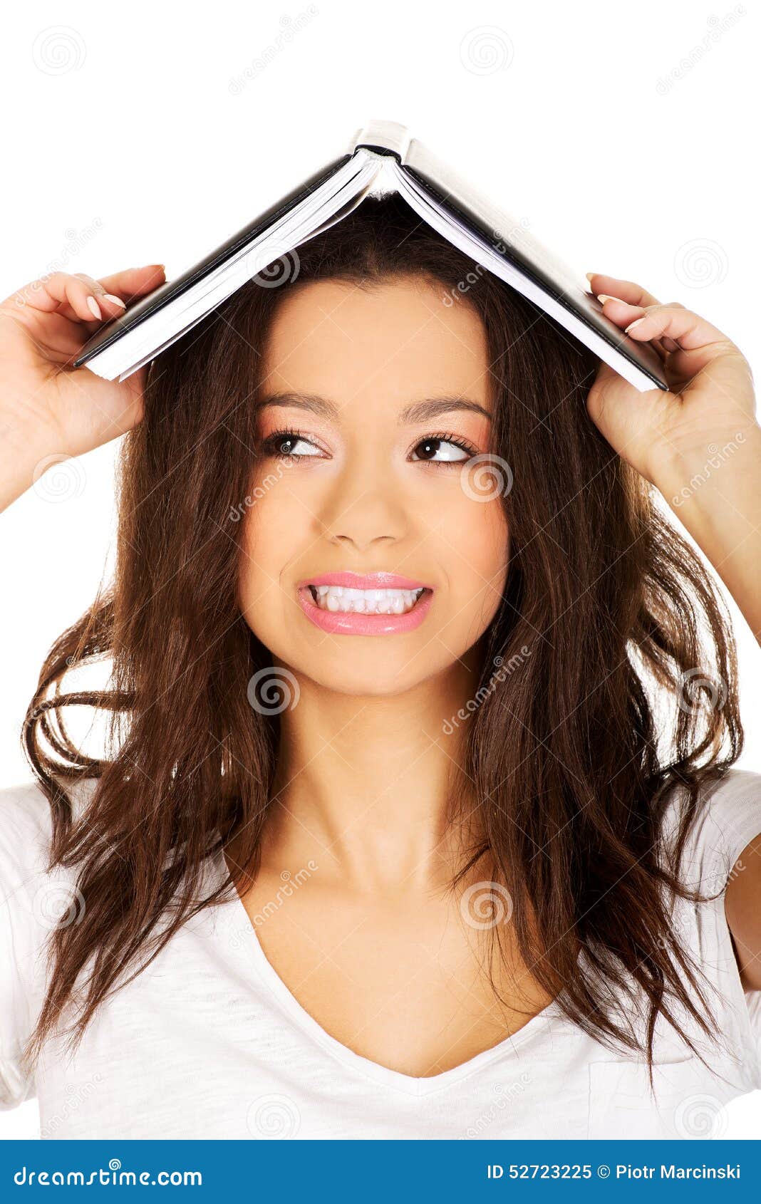 Student Woman with a Book on Head. Stock Image - Image of person, note ...