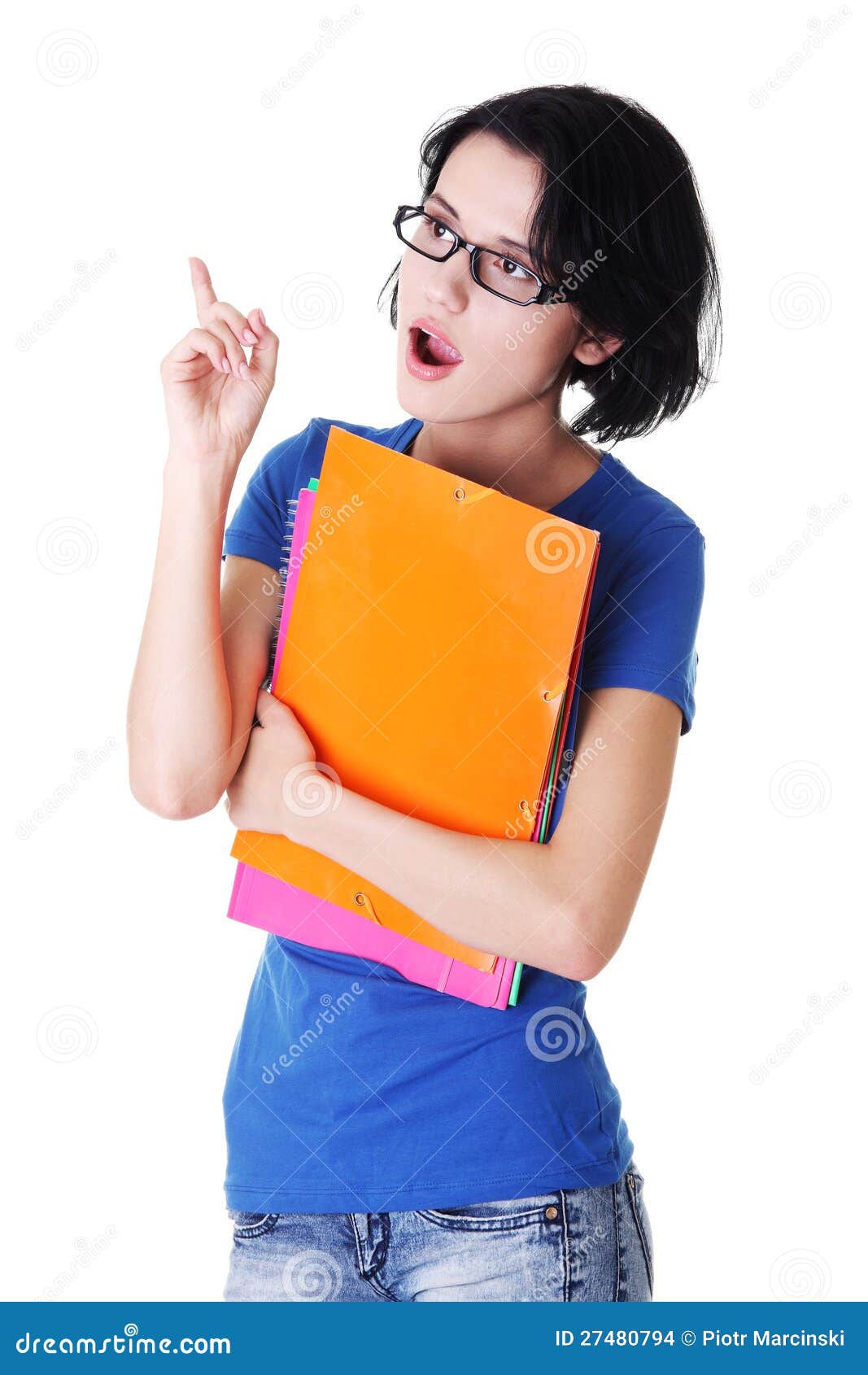 Student Woman with Coloured Note Pad Pointing Up. Stock Photo - Image ...