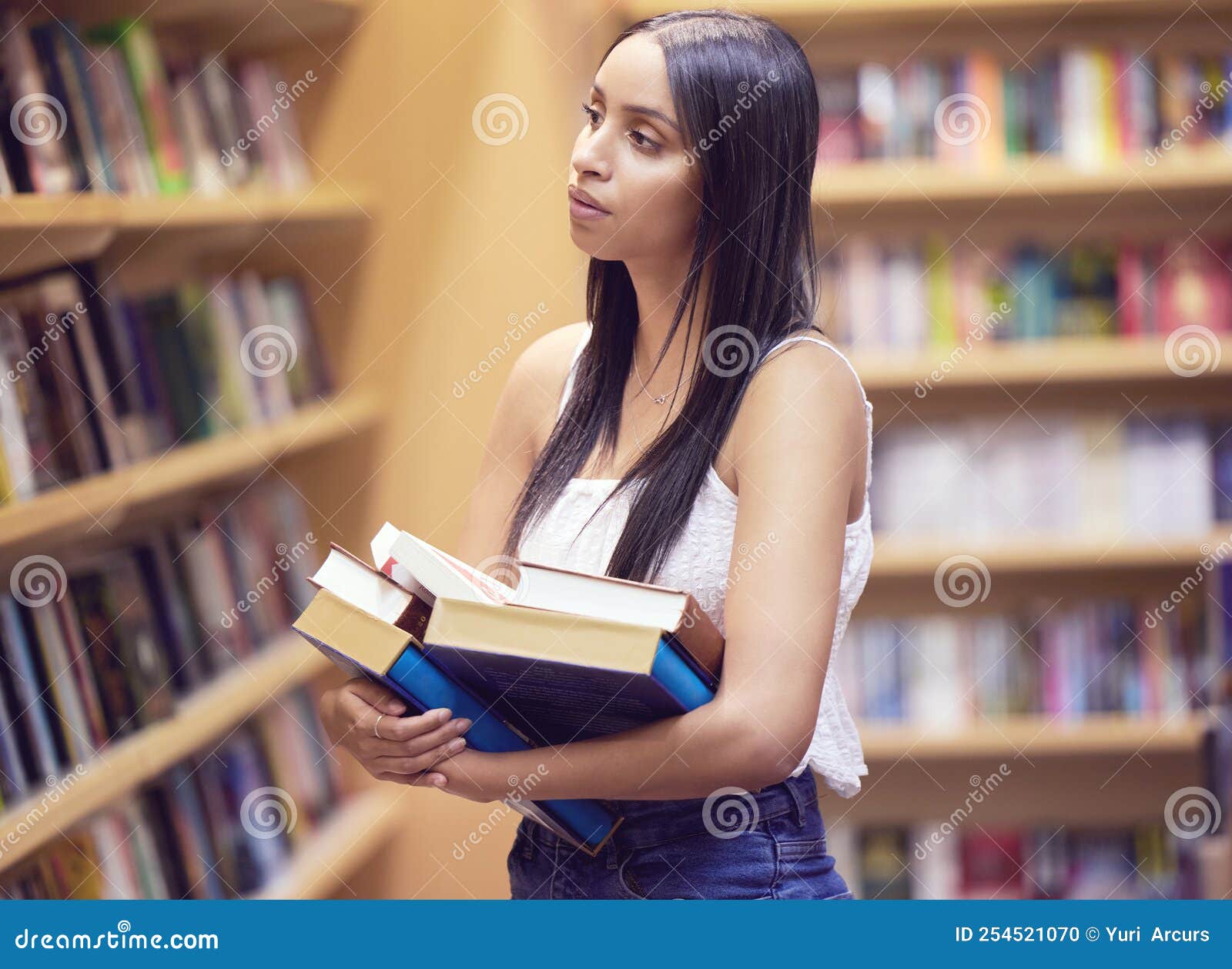 Student Woman with Library Books University, Education and Thinking or ...