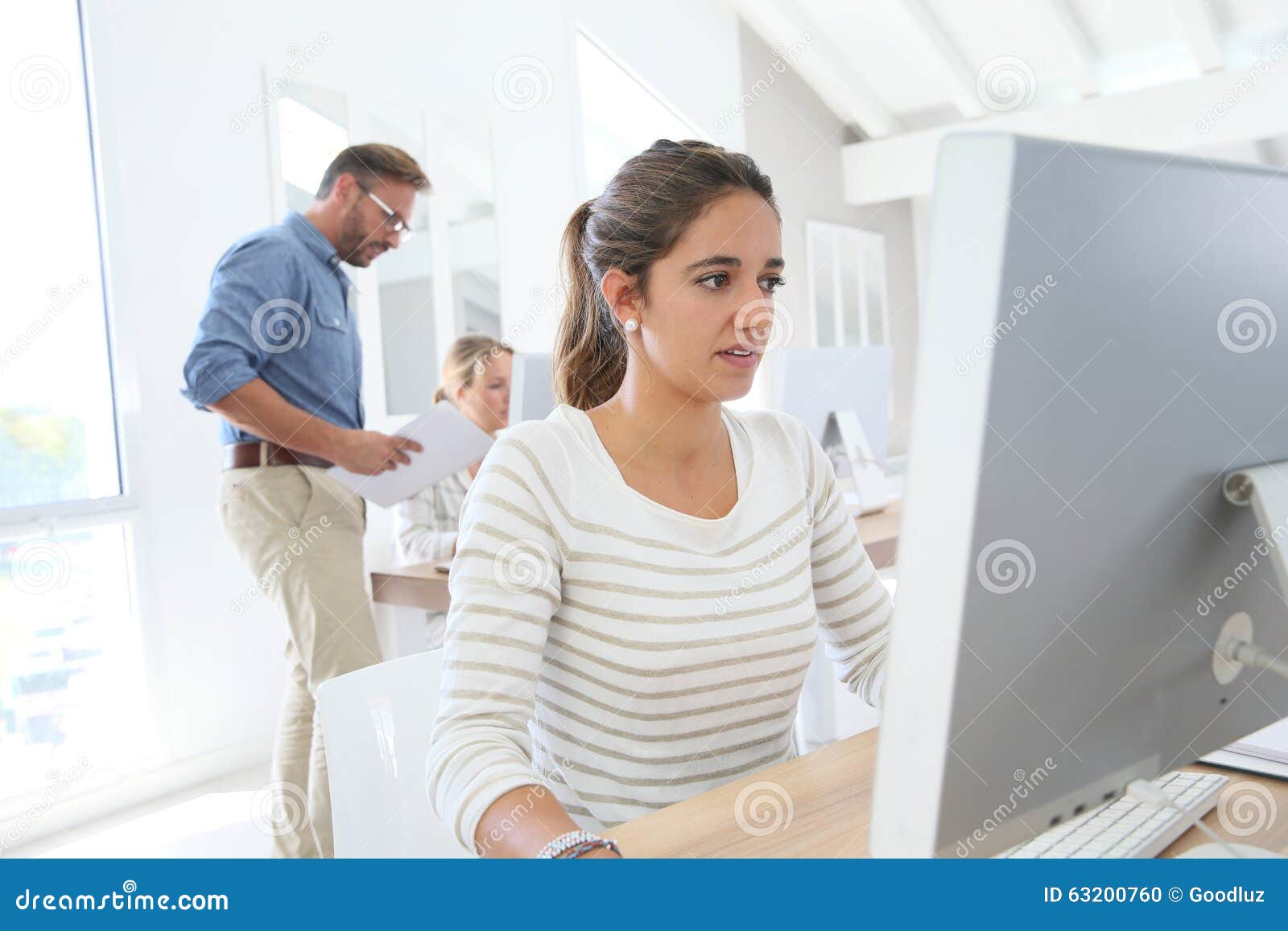 Student Working Girl on Desktop Computer in Class Stock Photo - Image ...