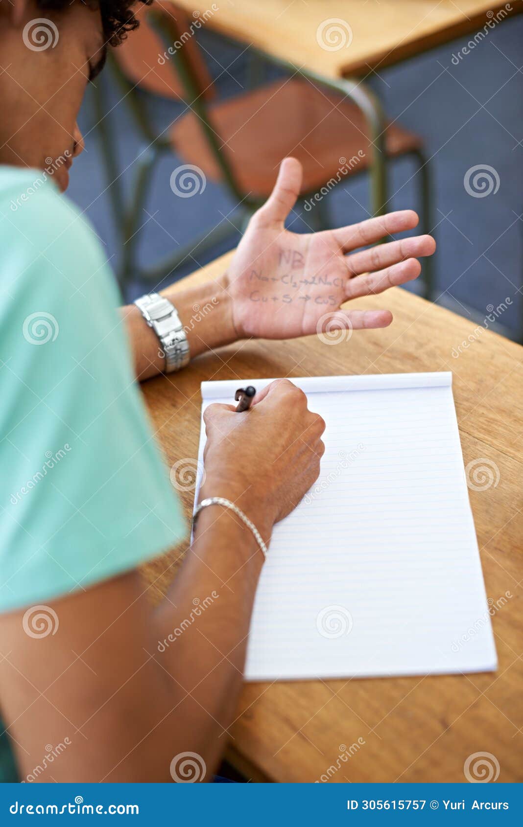 Student, Writing and Cheating in Exam with Hands for Answers, Math ...