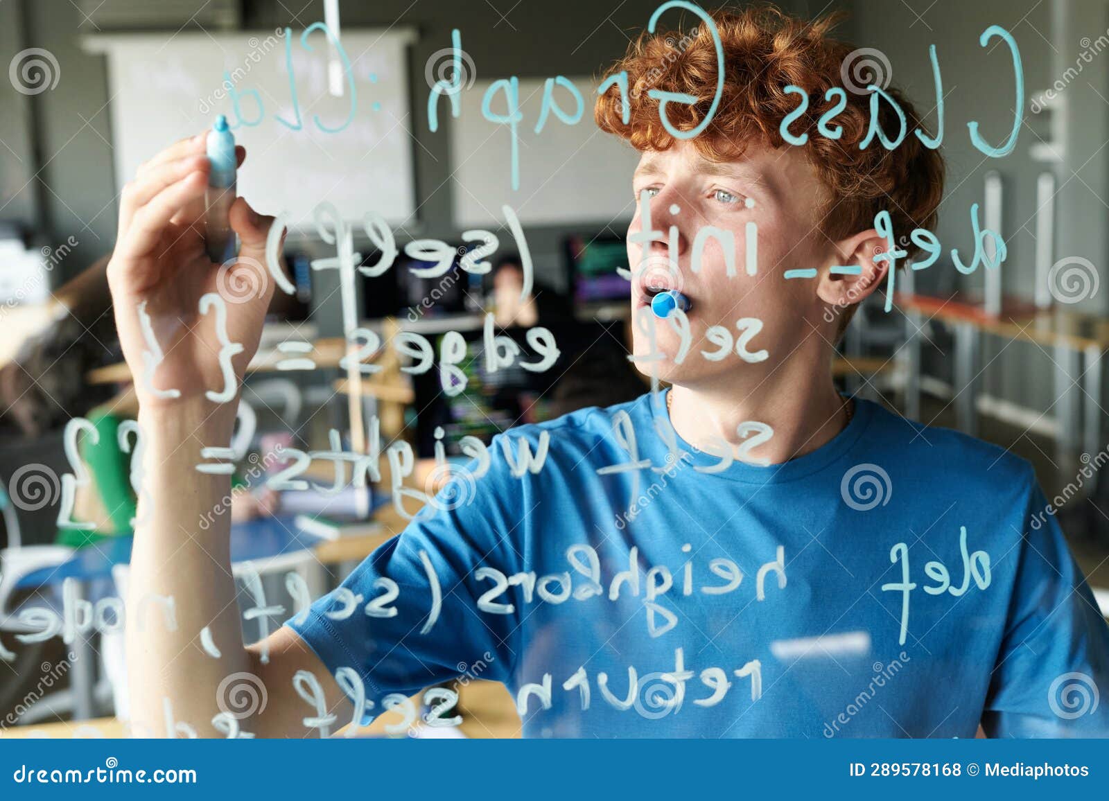 Student Writing Codes on Glass Wall Stock Photo - Image of study ...