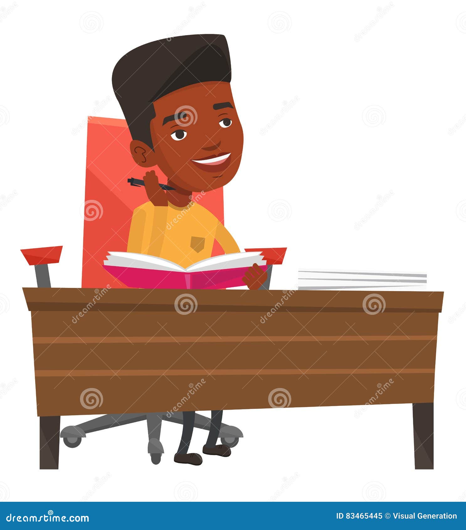 Cartoon Student Writing At Desk Thinking