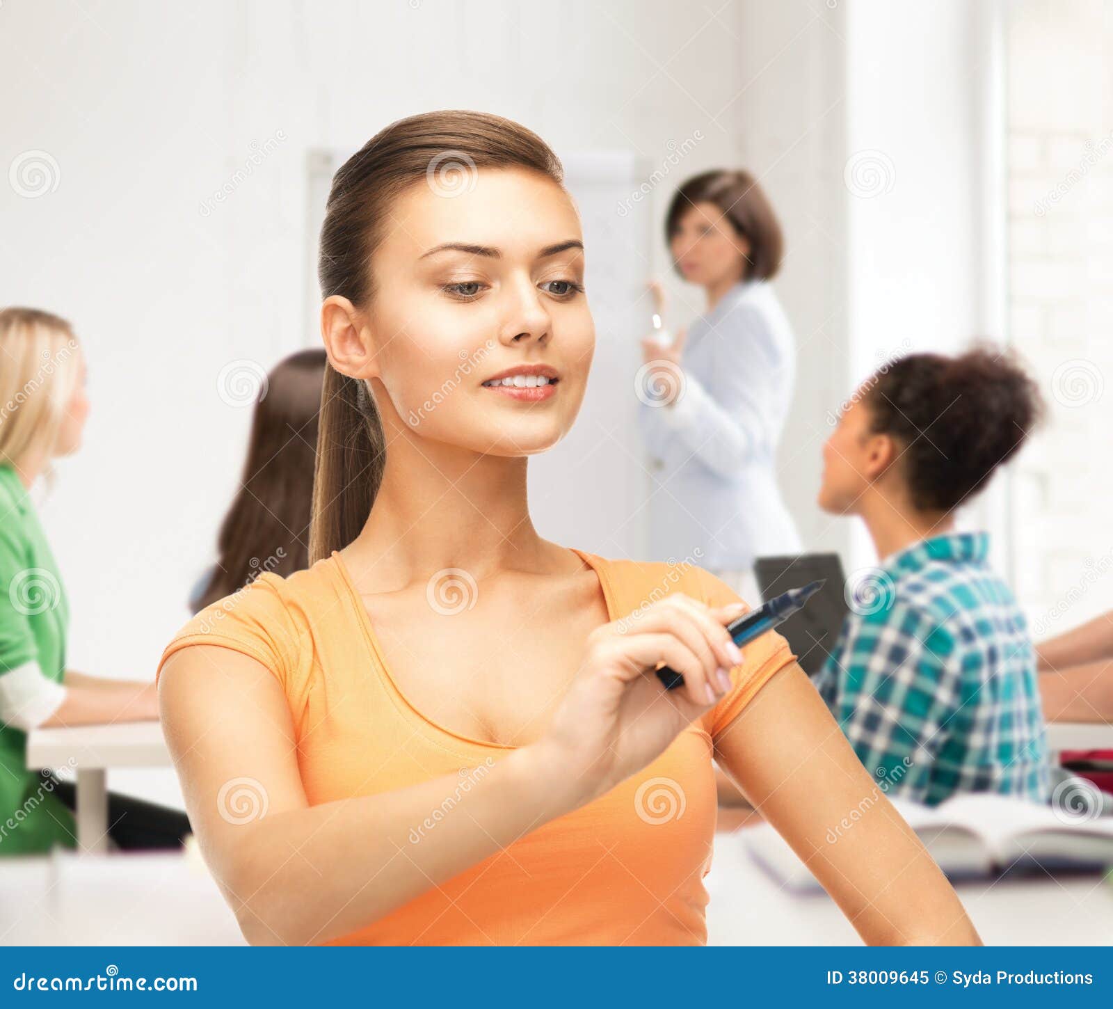 Student Writing Something in the Air with Marker Stock Image - Image of ...