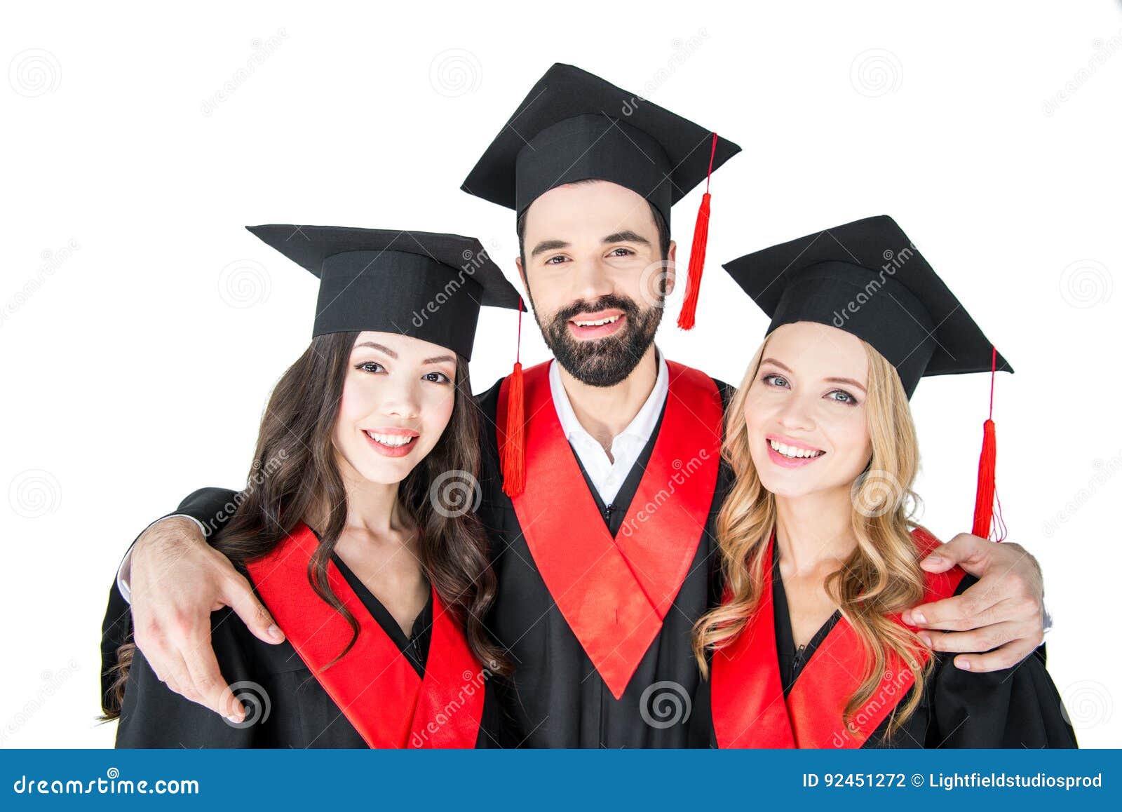 Students in Academic Caps Standing Embracing and Smiling at Camera ...