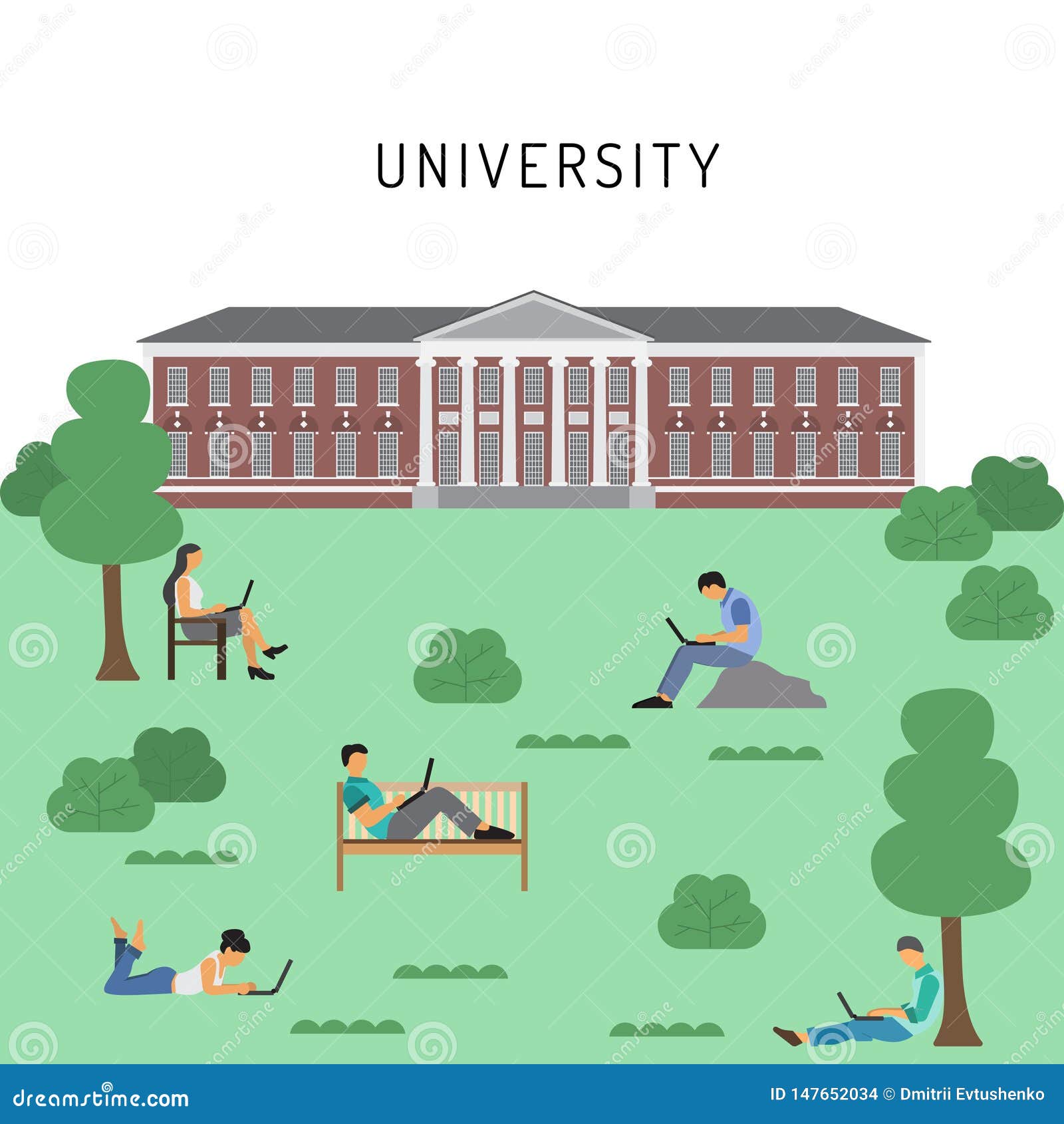 Students on Campus Vector Illustration of Young People Using Laptop ...